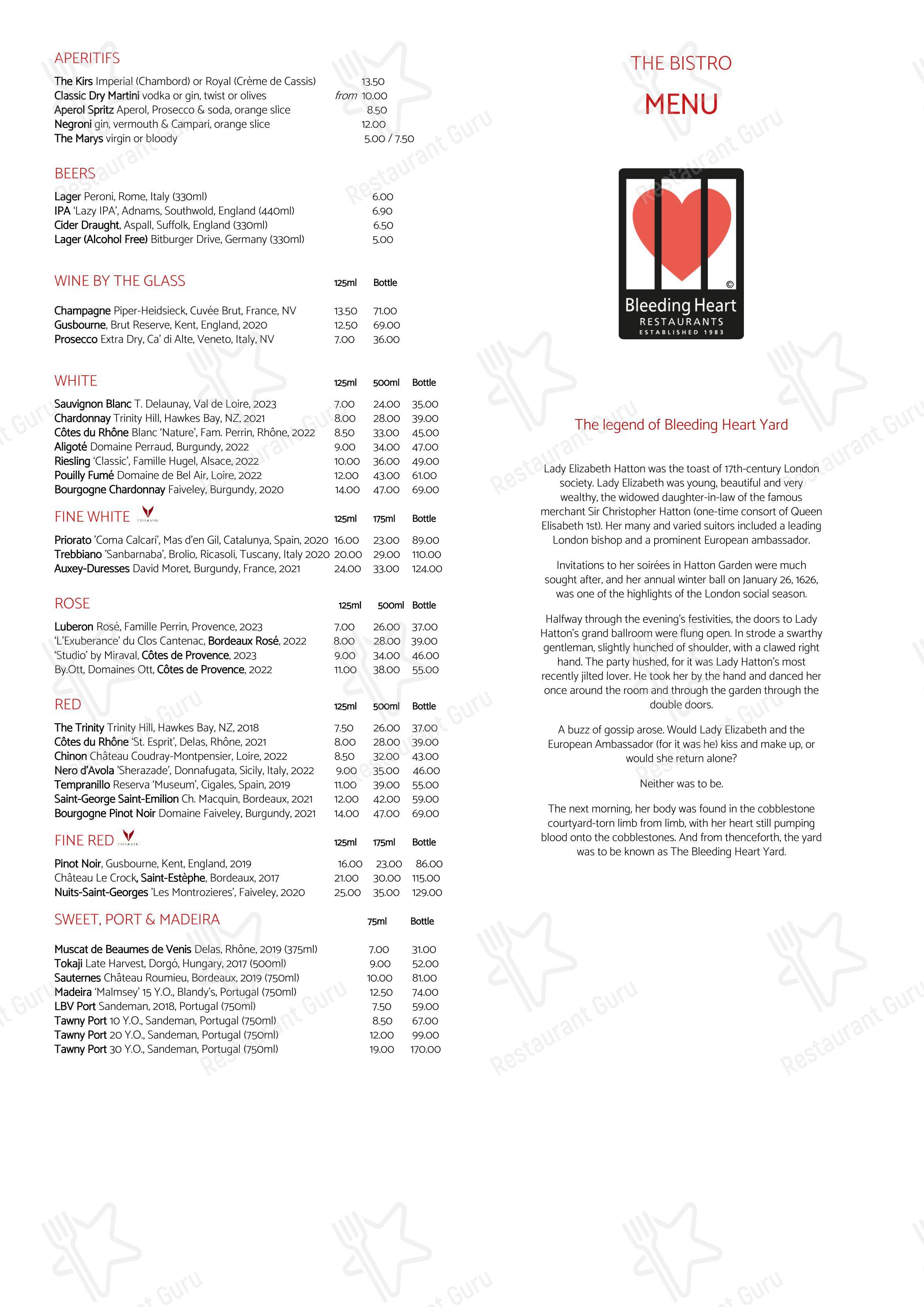 Menu at Bleeding Heart Bistro pub & bar, London, 7 Bleeding Heart Yard