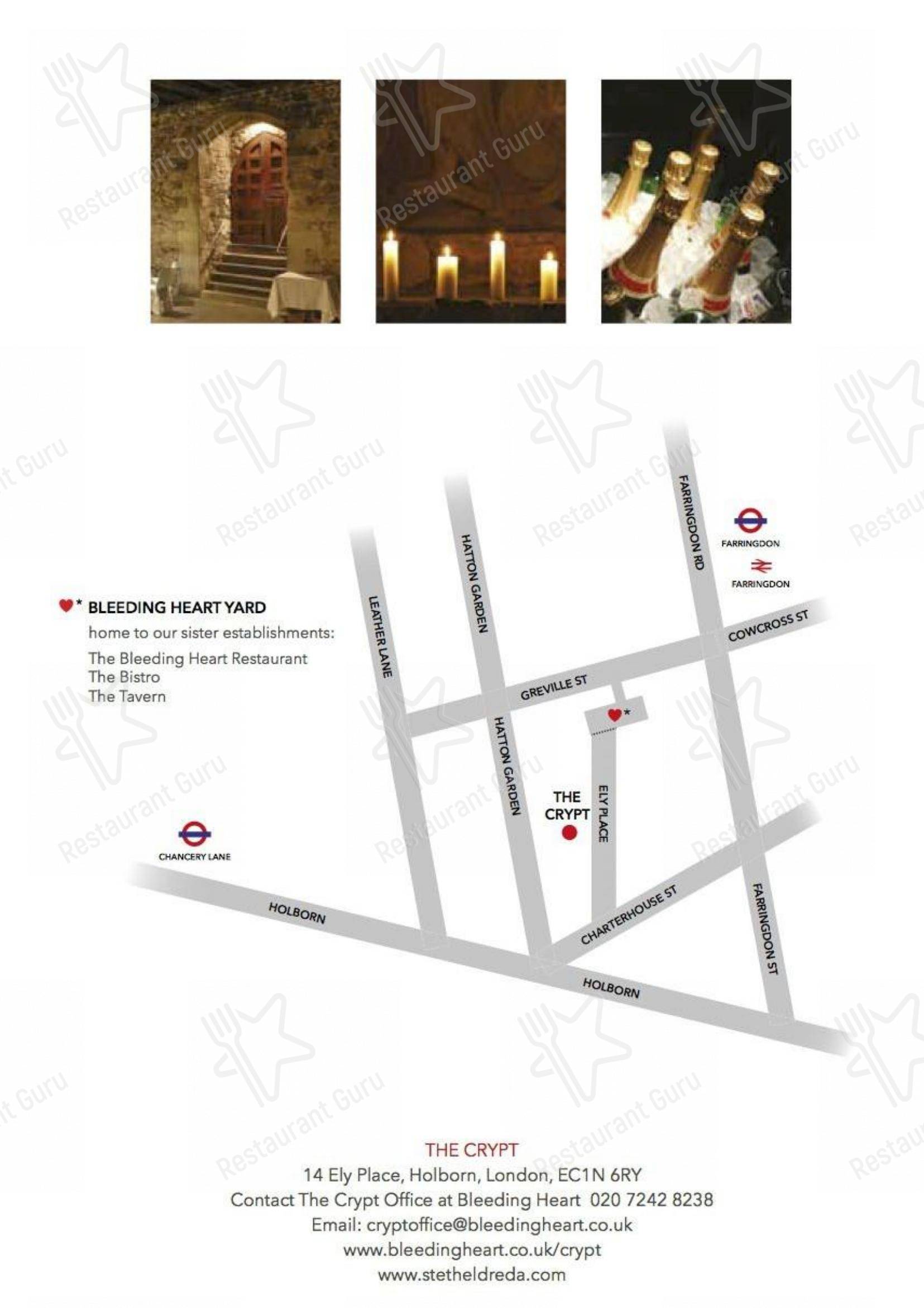 Menu at Bleeding Heart Bistro restaurant, London, 7 Bleeding Heart Yard