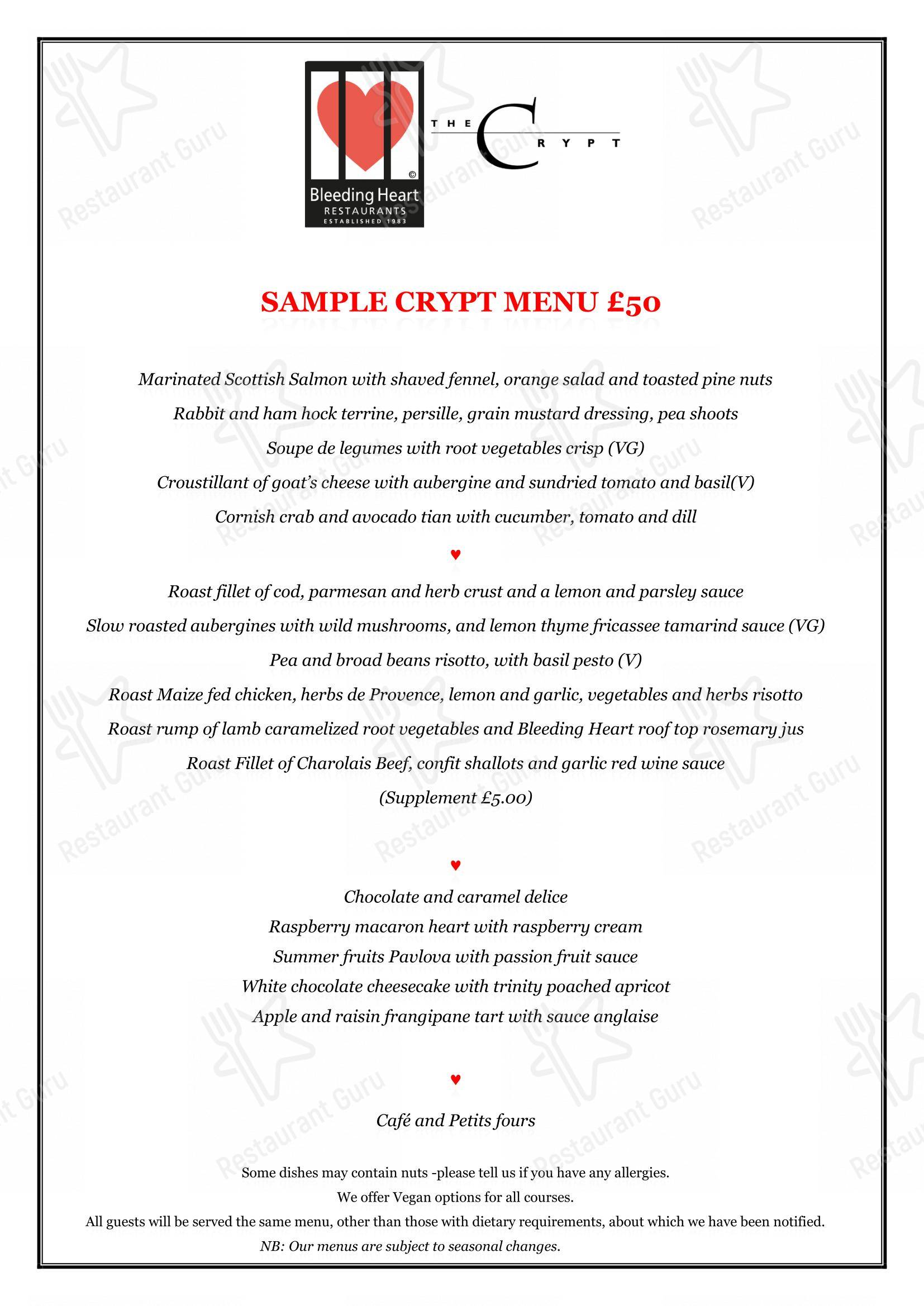 Menu at Bleeding Heart Bistro pub & bar, London, 7 Bleeding Heart Yard