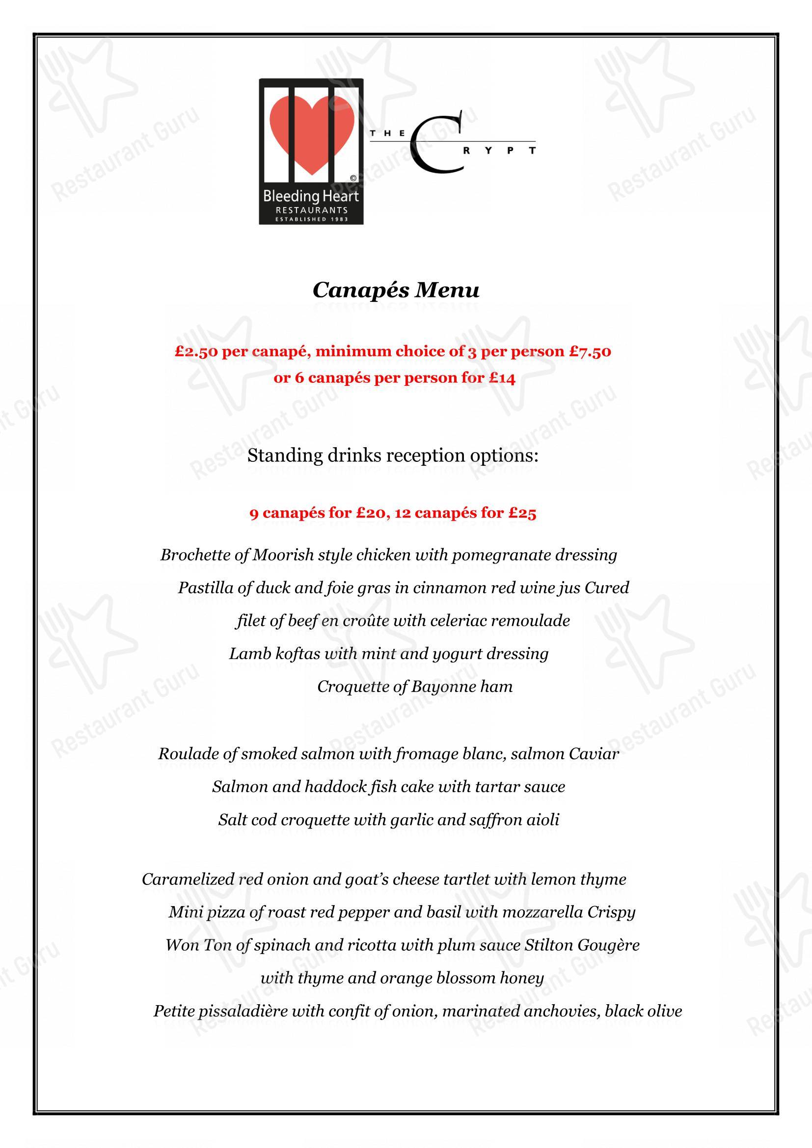Menu at Bleeding Heart Bistro pub & bar, London, 7 Bleeding Heart Yard