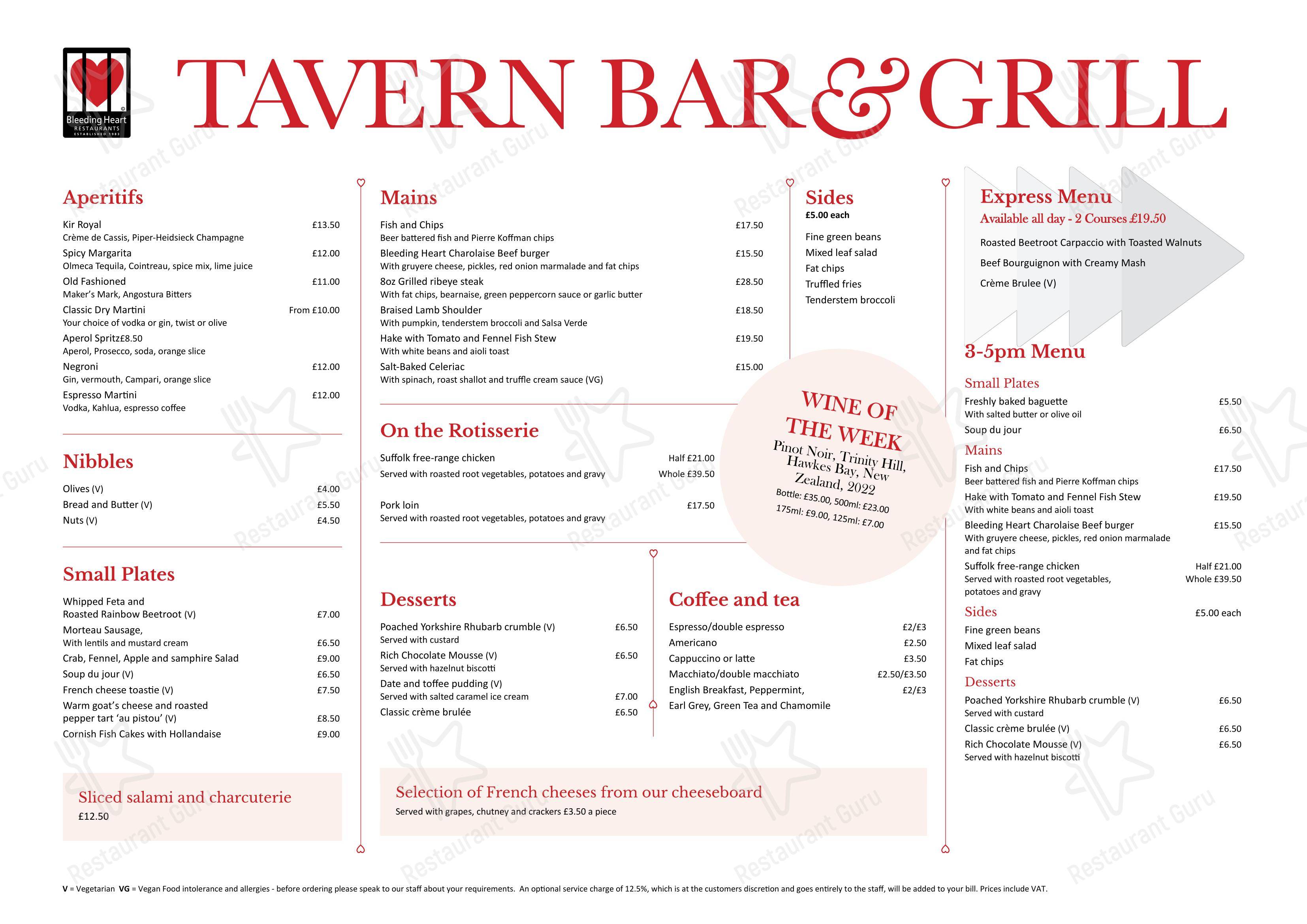 Menu at Bleeding Heart Bistro pub & bar, London, 7 Bleeding Heart Yard