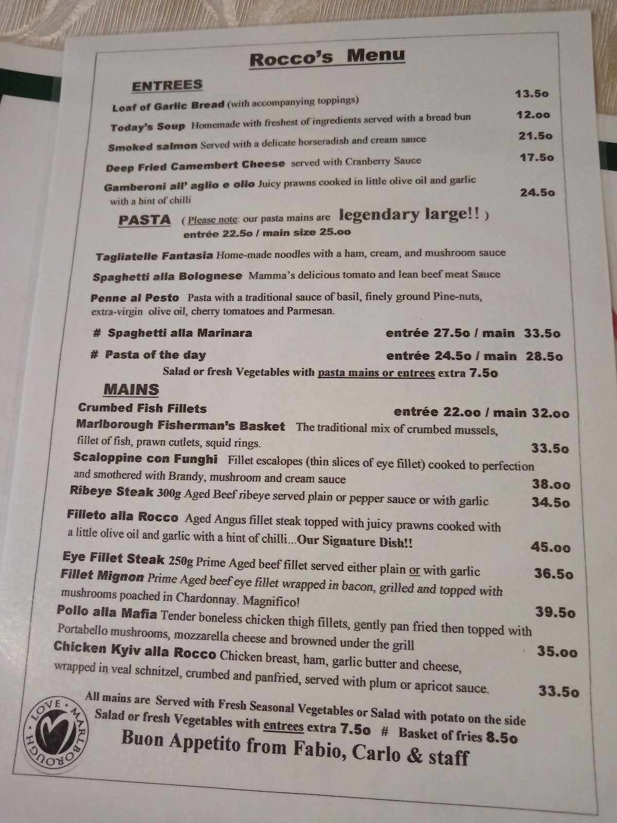 Menu at Rocco's Restaurant, Blenheim