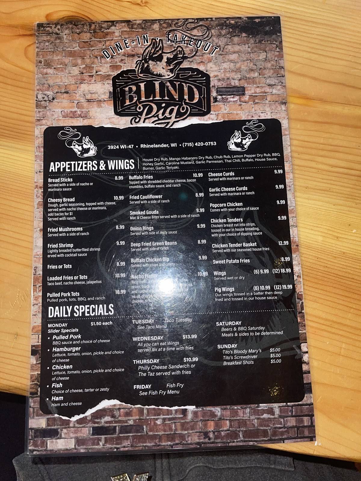 Menu at Blind Pig NW (Northwoods) pub & bar, Rhinelander