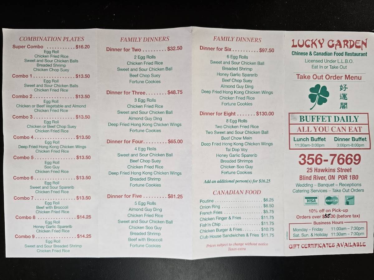 Menu at Lucky Garden restaurant, Blind River