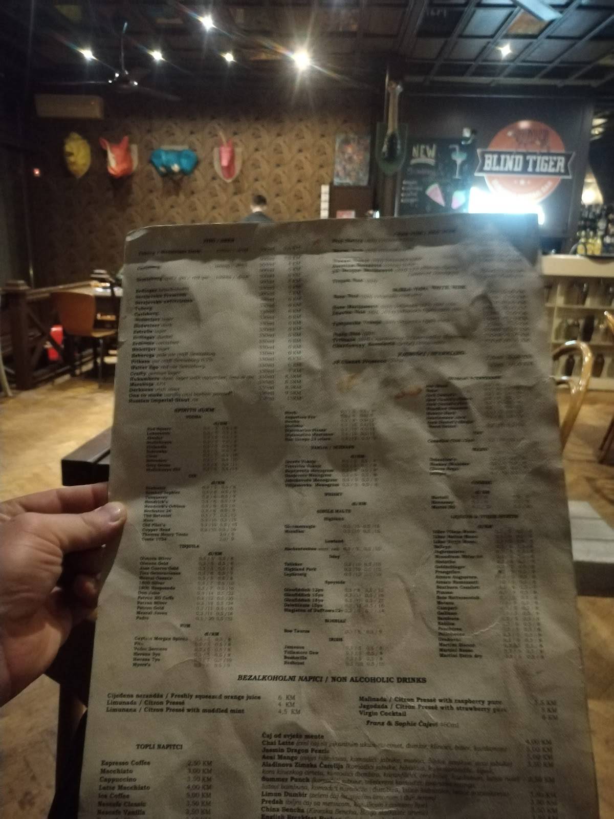 Carta del restaurante Blind Tiger, Sarajevo