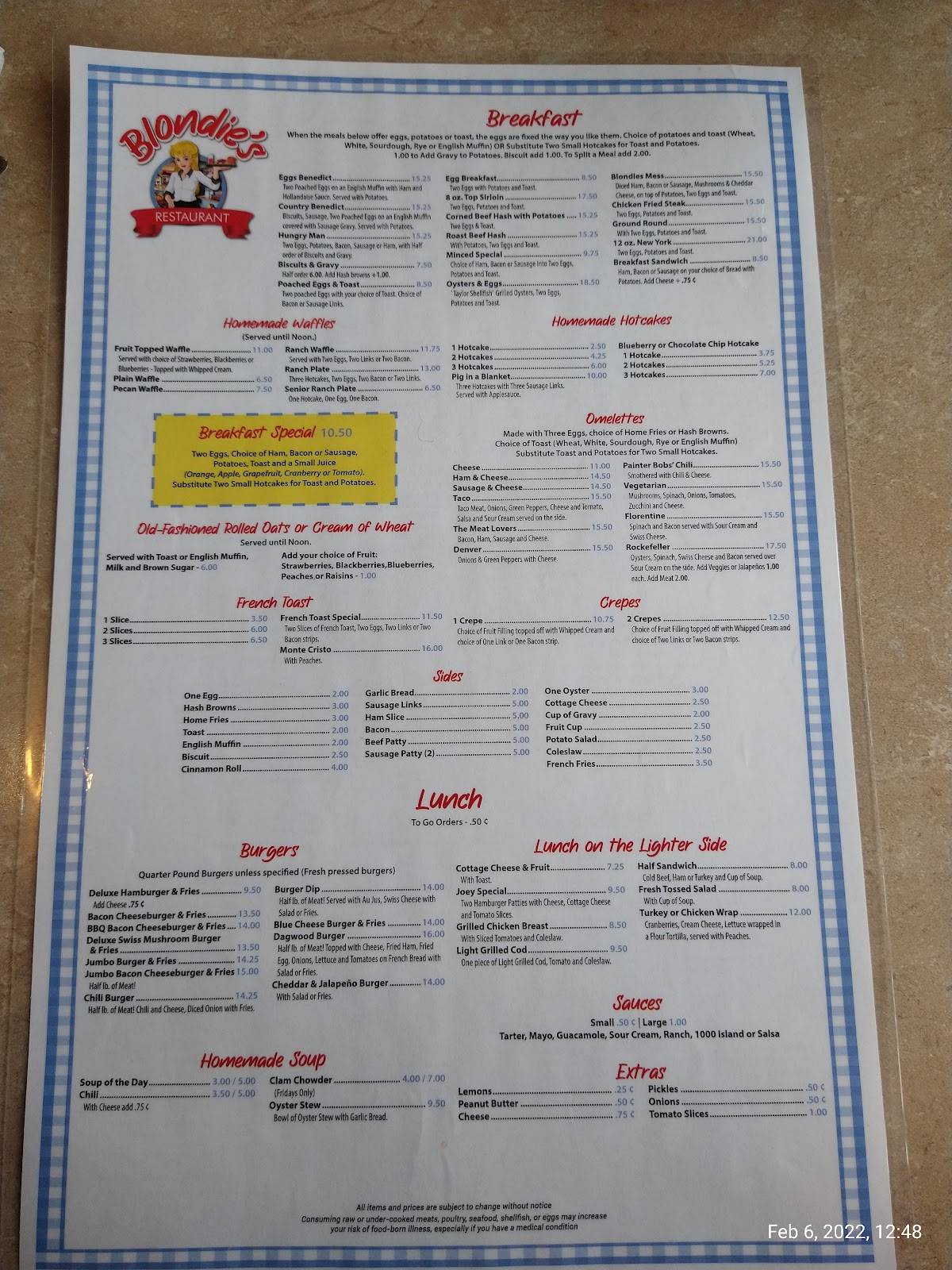 Menu at Blondie's Restaurant, Shelton