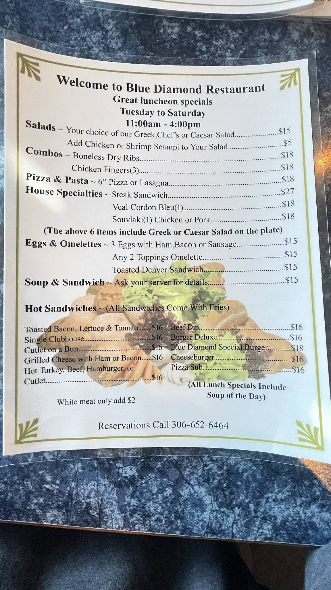 Menu at Blue Diamond Restaurant, Saskatoon