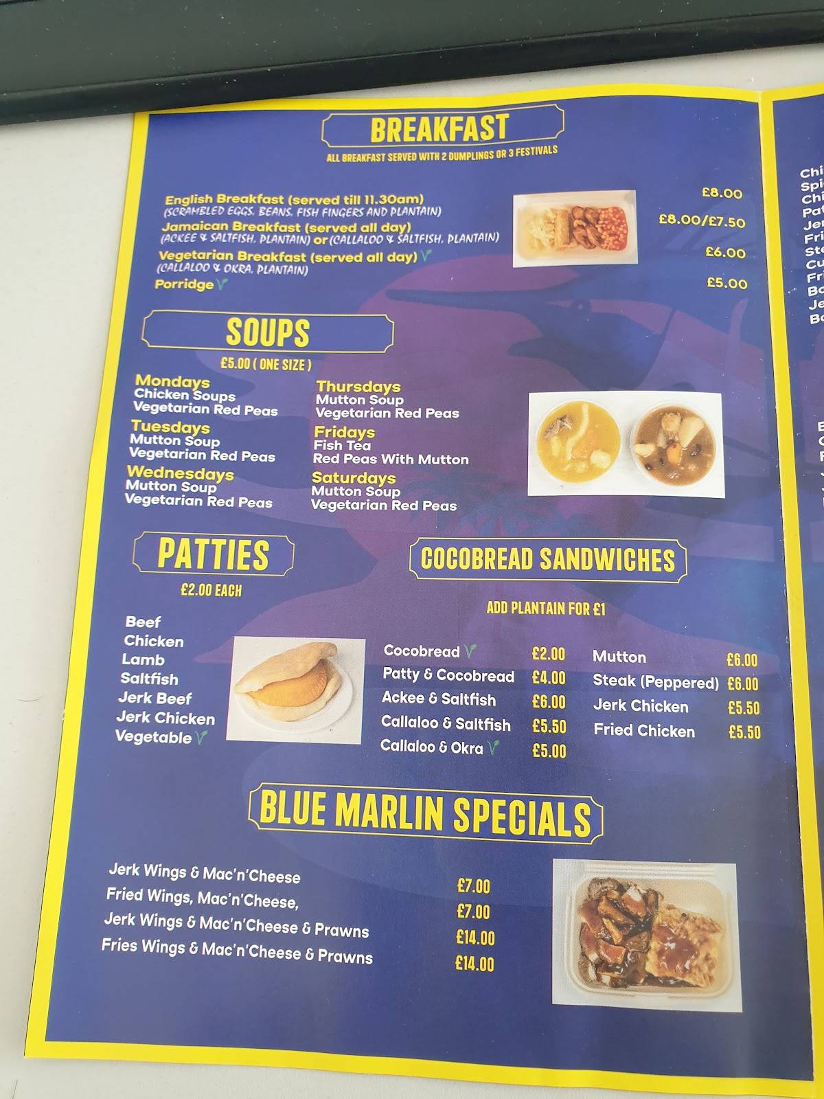 Menu at Blue Marlin restaurant, Birmingham