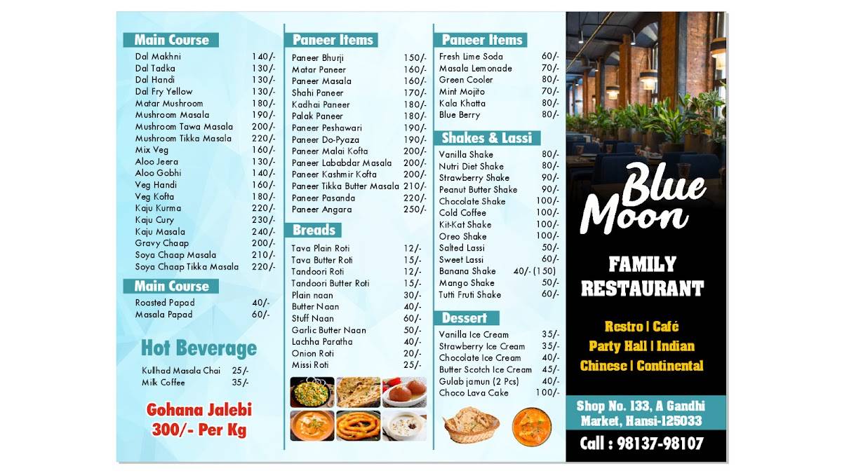 Menu at Blue Moon Family Restaurant, Hansi