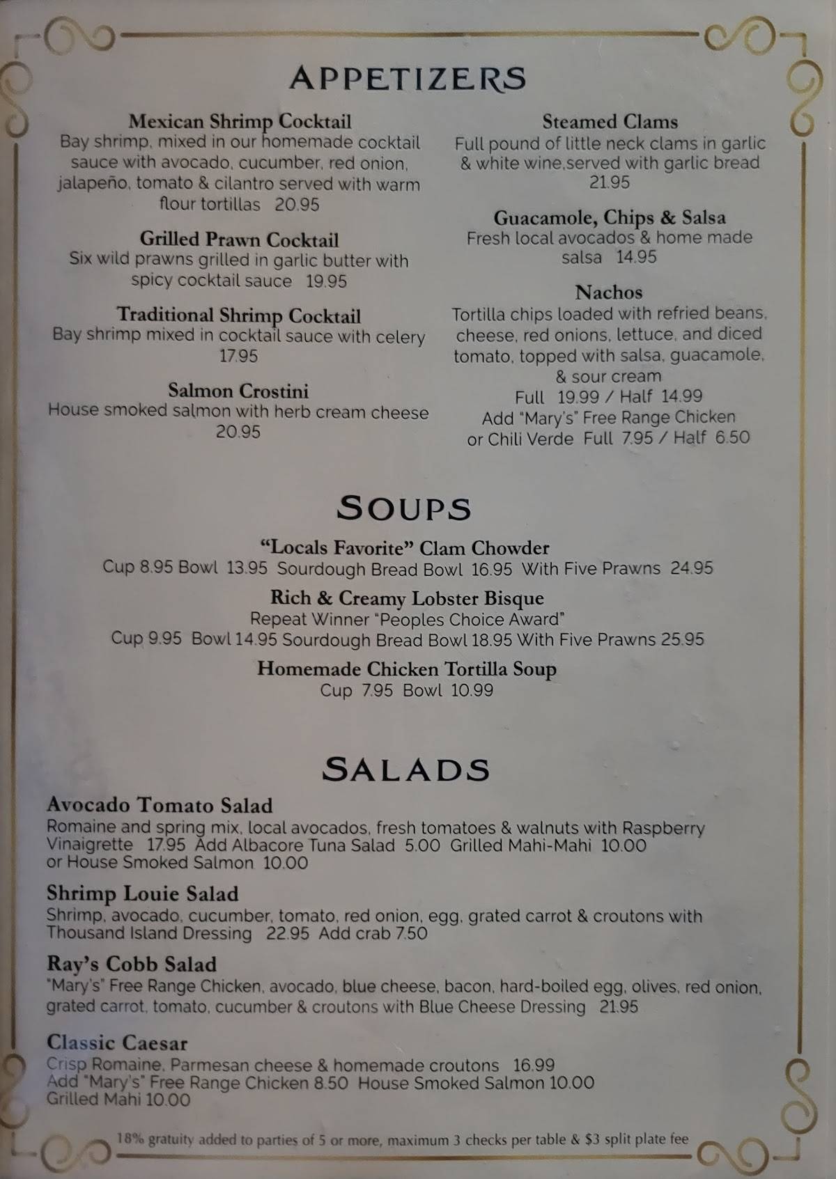 Menu at Blue Sky Bistro restaurant, Morro Bay