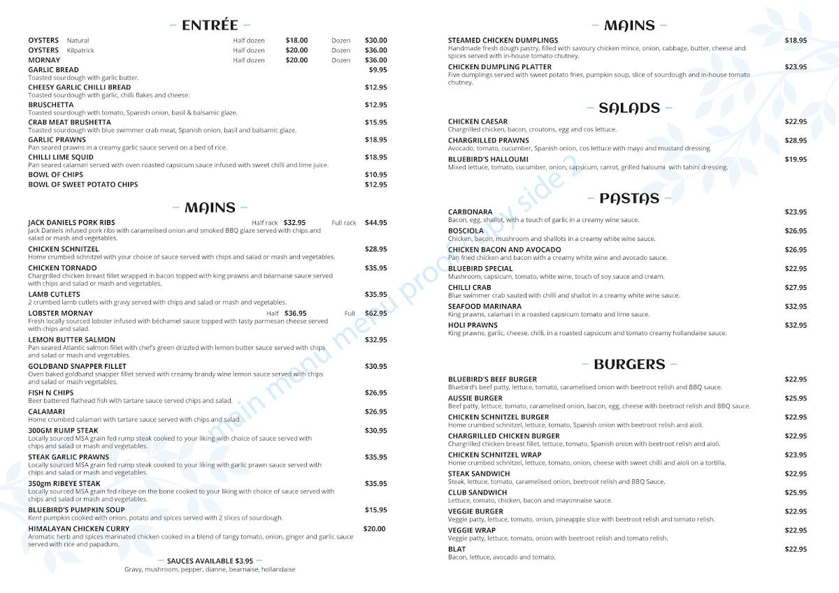 Menu at Bluebird cafe & bar, Goulburn