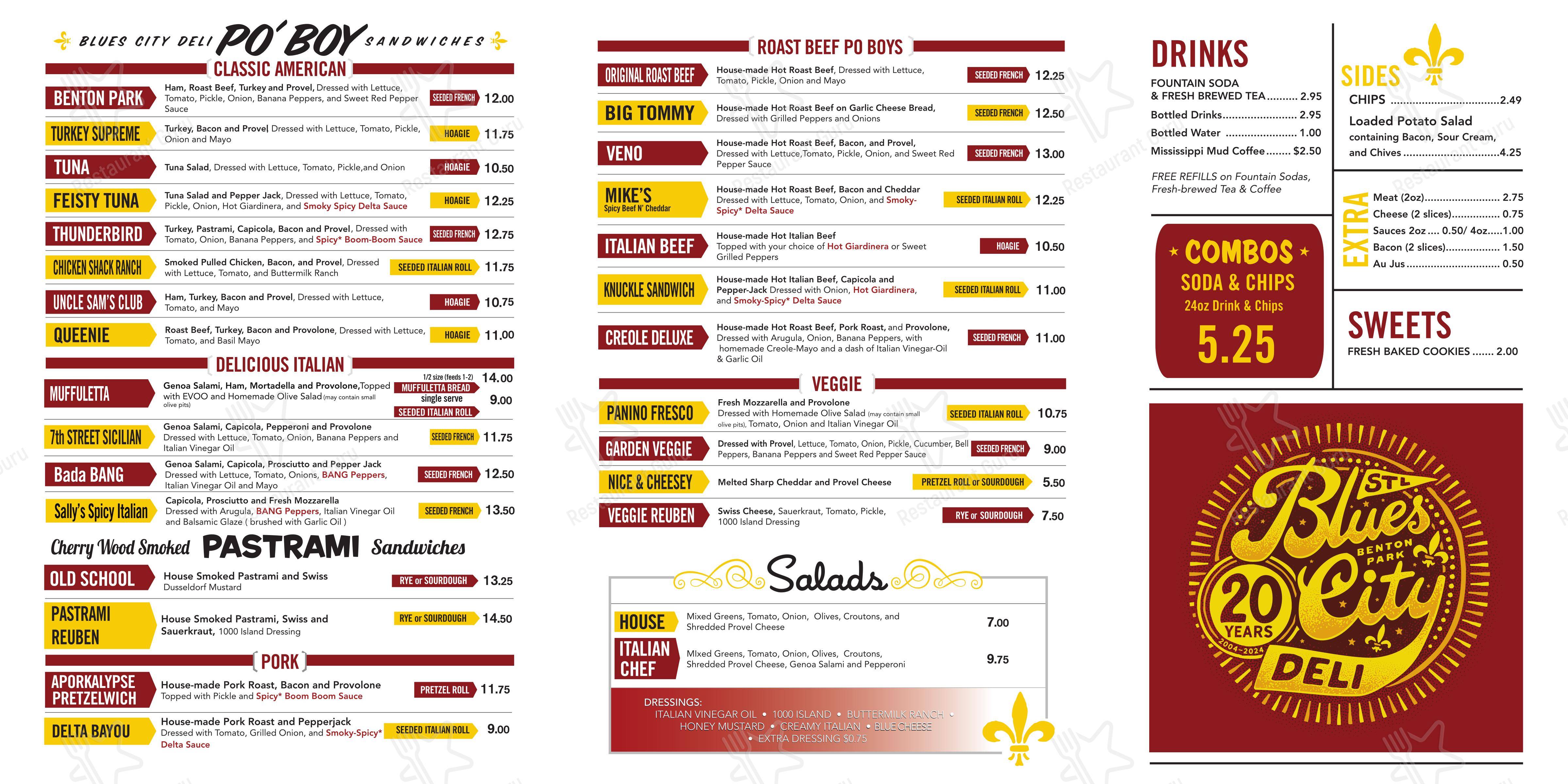 Menu at Blues City Deli restaurant, St. Louis