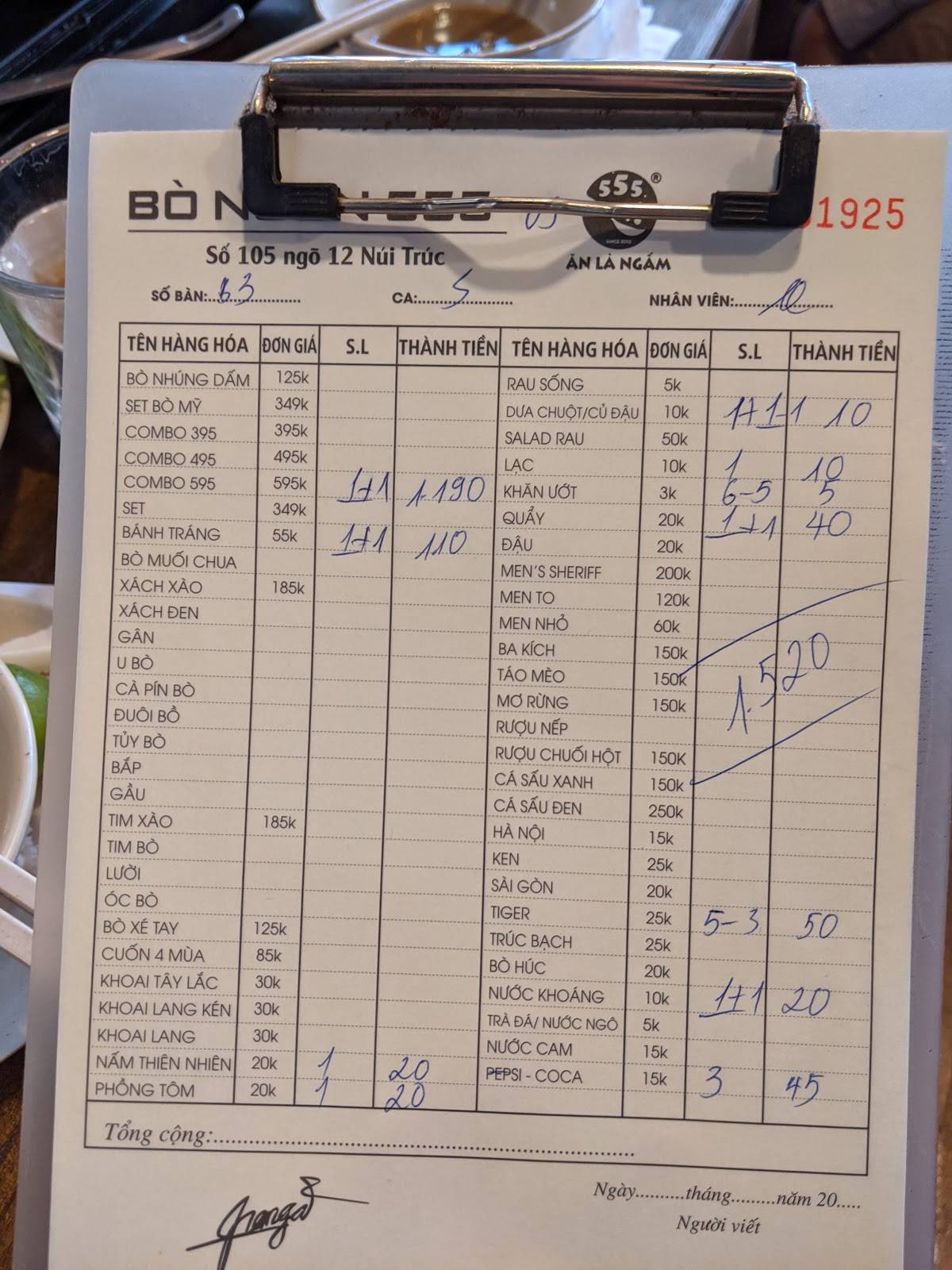 Menu at Bò Nhúng Dấm 555 Núi Trúc restaurant, Hanoi, 105 C8