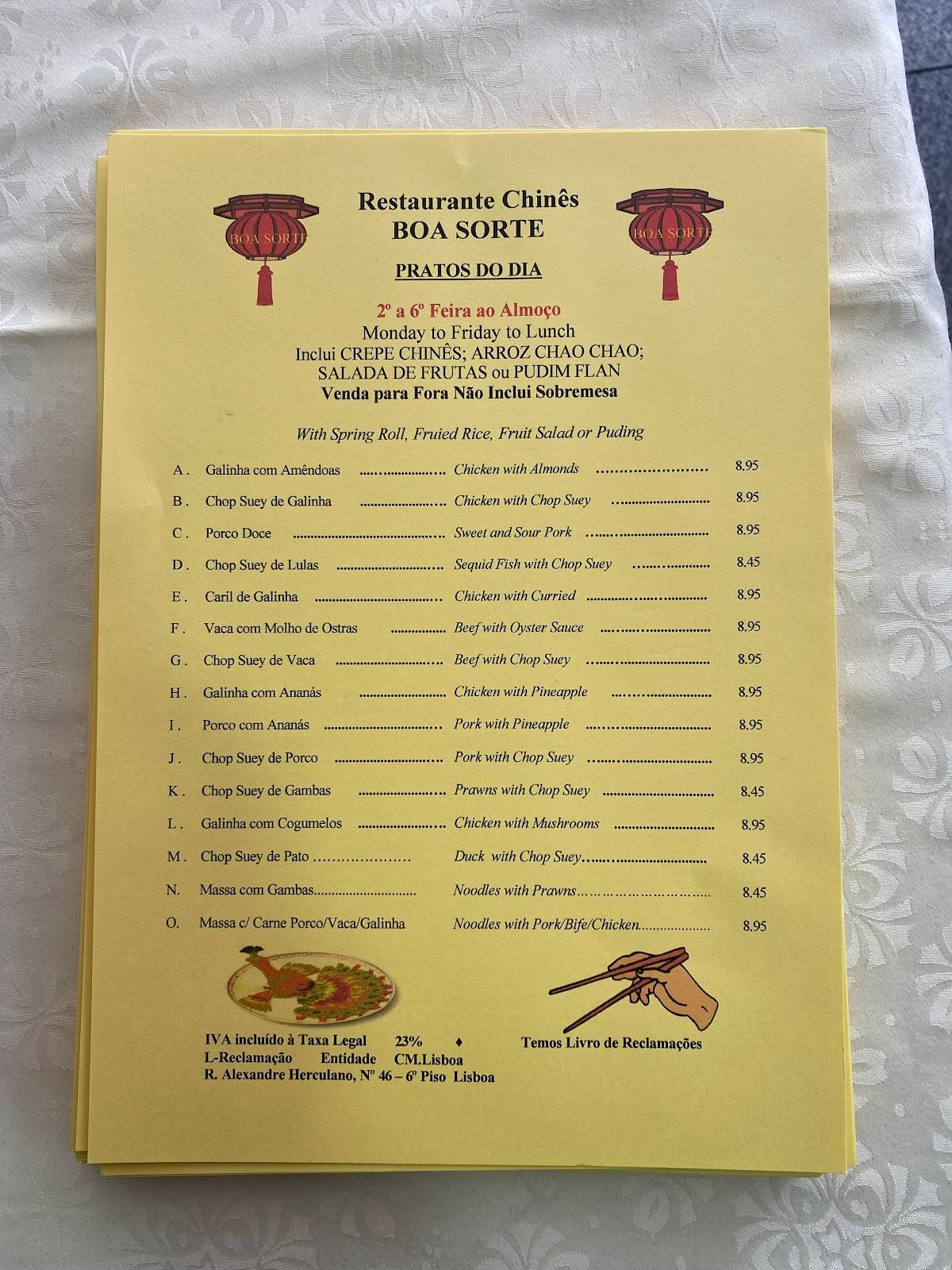 Menu at Boa Sorte restaurant, Lisbon, Circular Norte do Bairro da ...