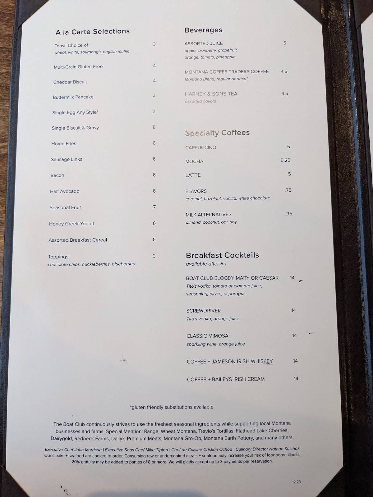 Menu at Boat Club Restaurant, Whitefish