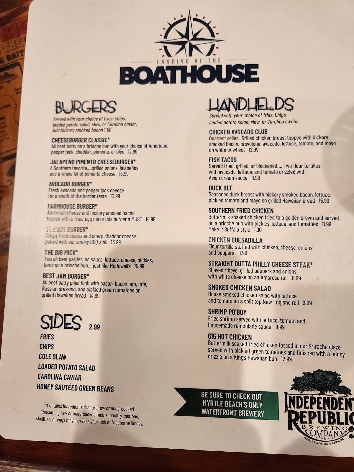 Menu at Boathouse pub & bar, Myrtle Beach