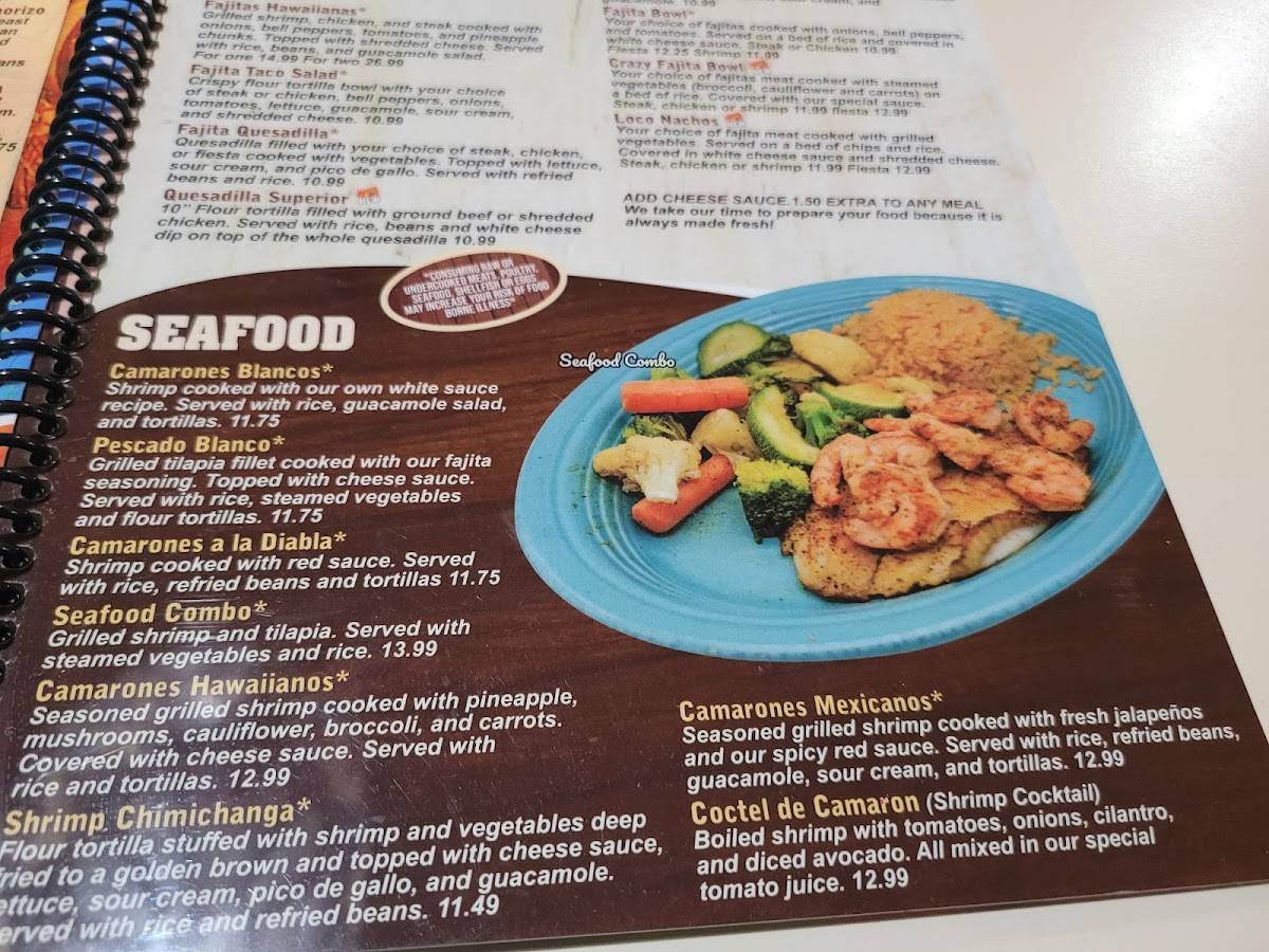 Menu at Los Arcos restaurant, Boaz