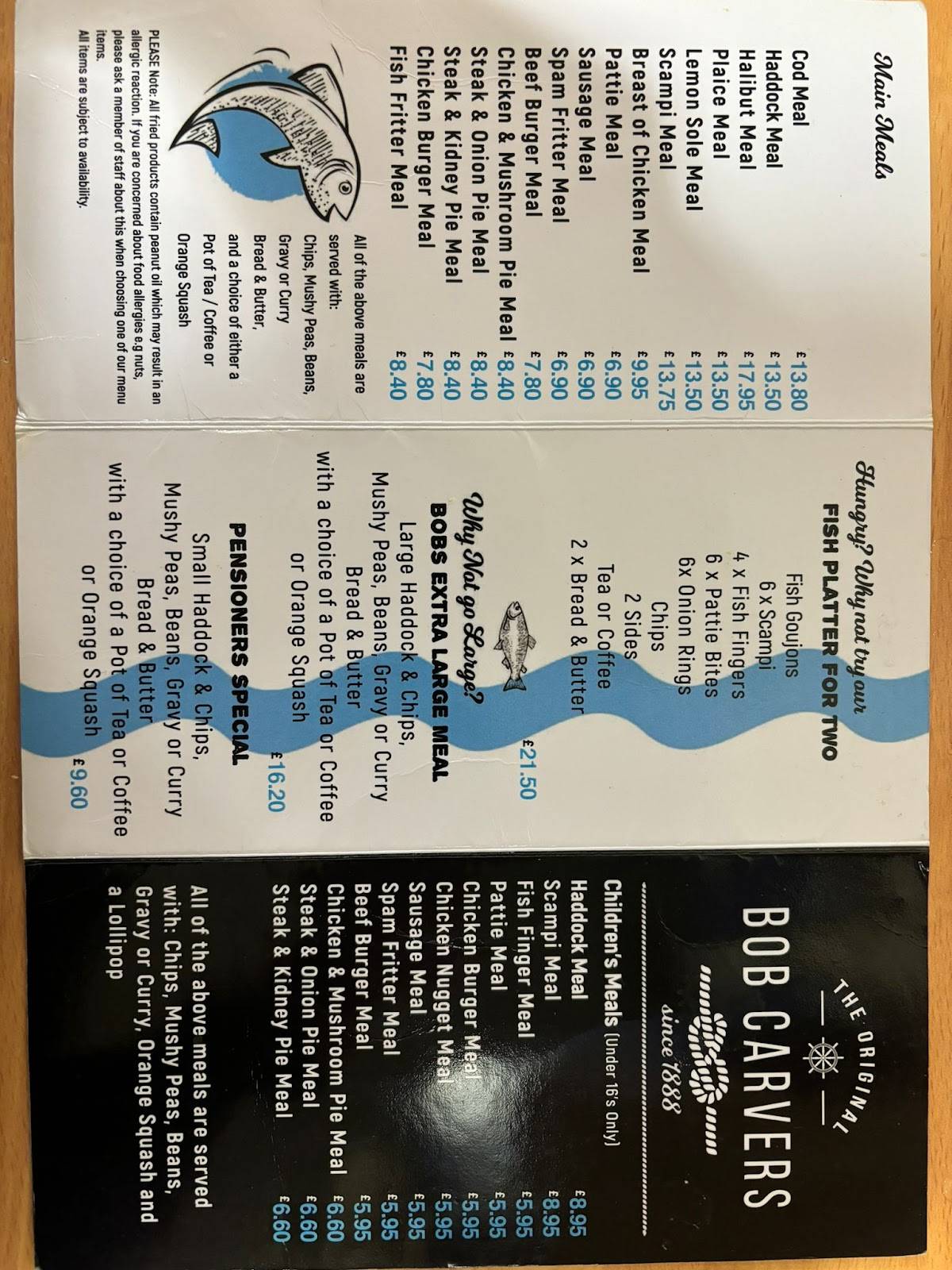 Menu at Bob Carver's Chapel Street restaurant, Hull, 3 Chapel St