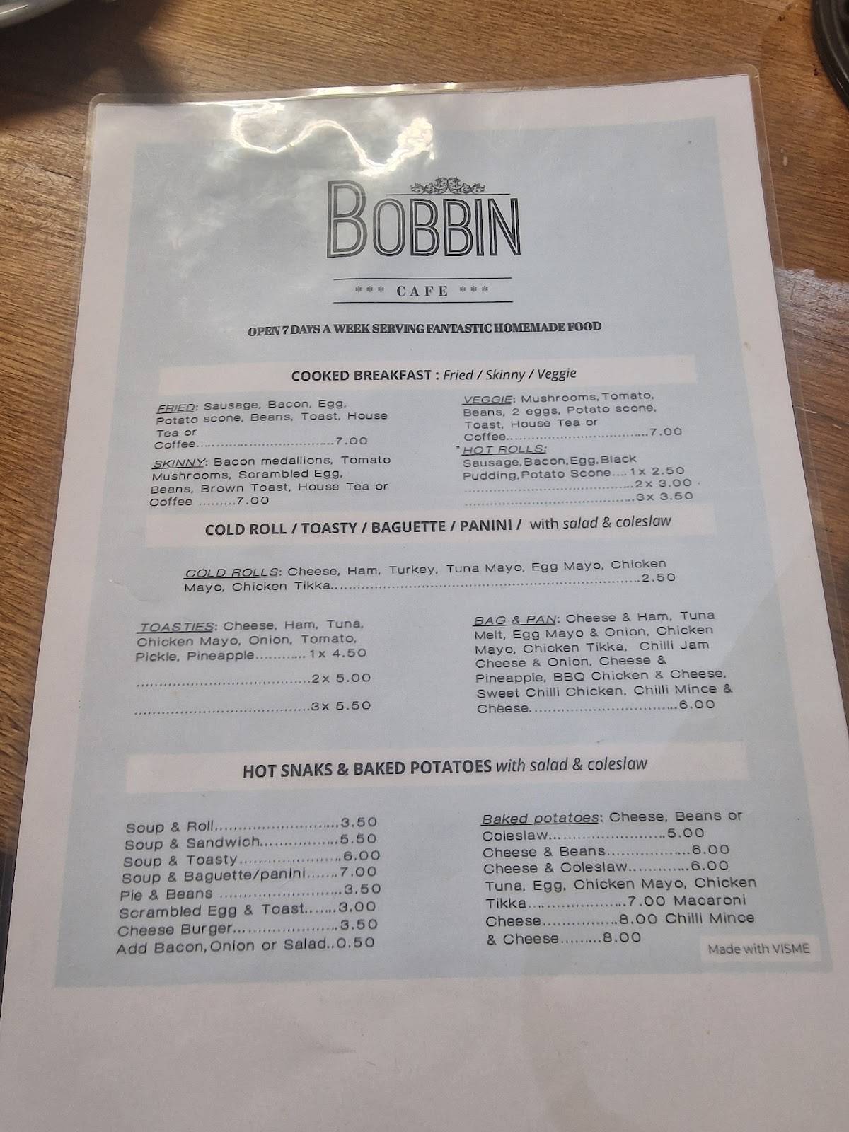 Menu at Bobbin Cafe, Newmilns