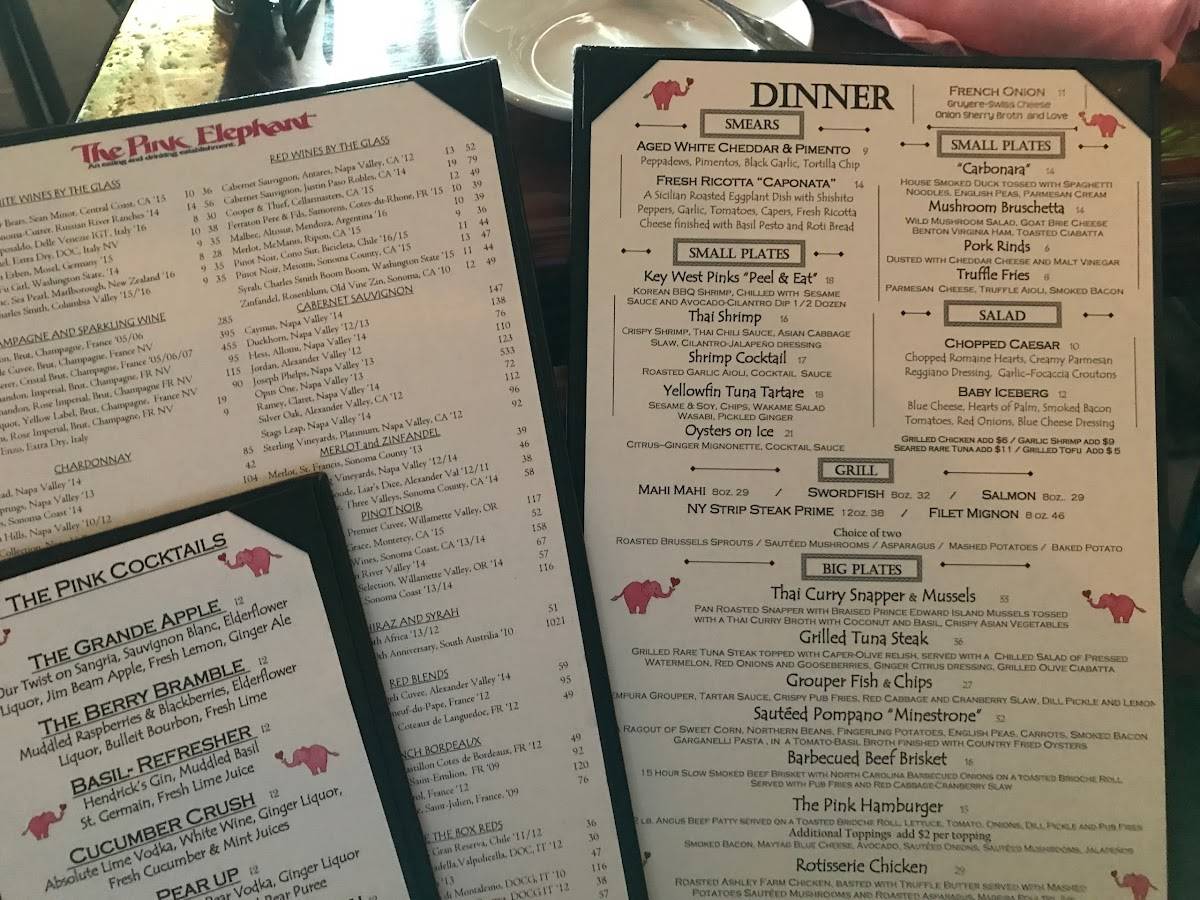 Menu at Pink Elephant pub & bar, Boca Grande
