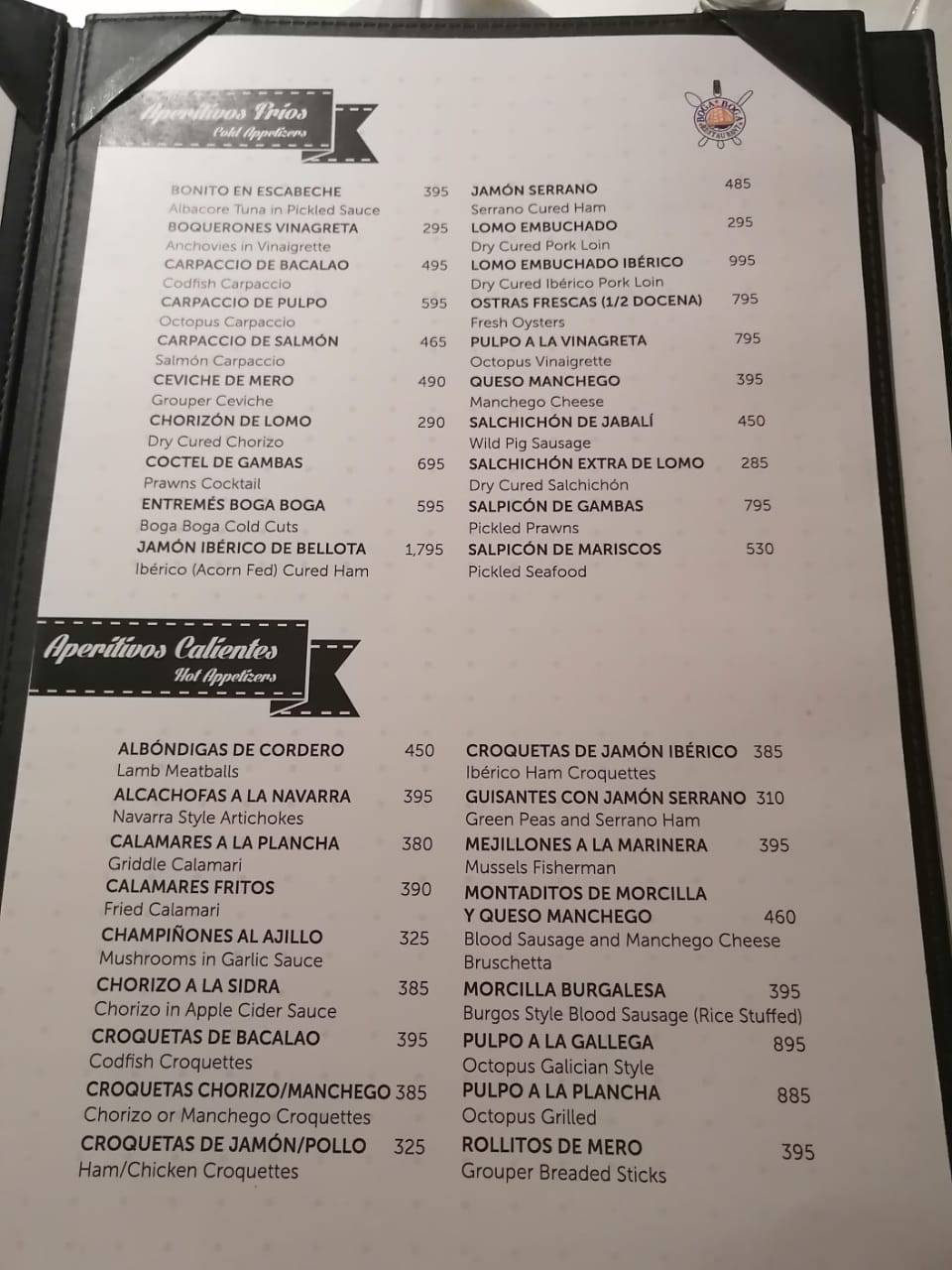 Menu at Boga Boga restaurant, Santo Domingo