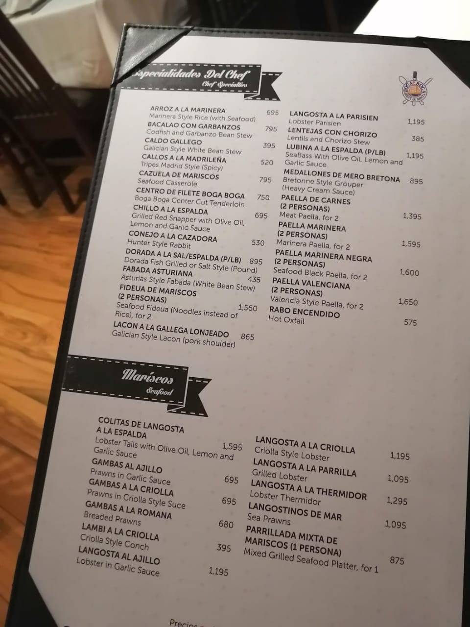 Menu at Boga Boga restaurant, Santo Domingo