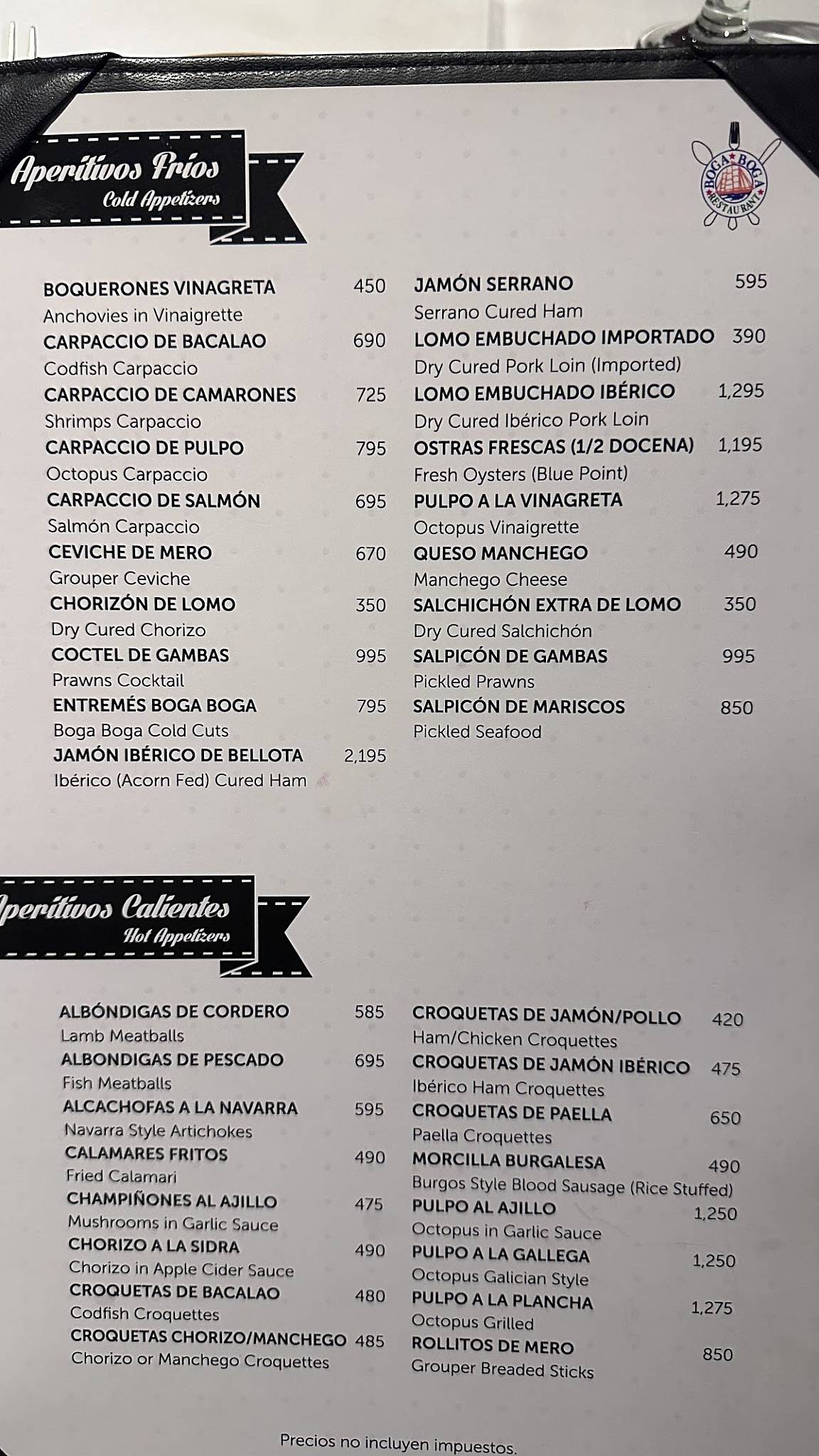 Menu at Boga Boga restaurant, Santo Domingo
