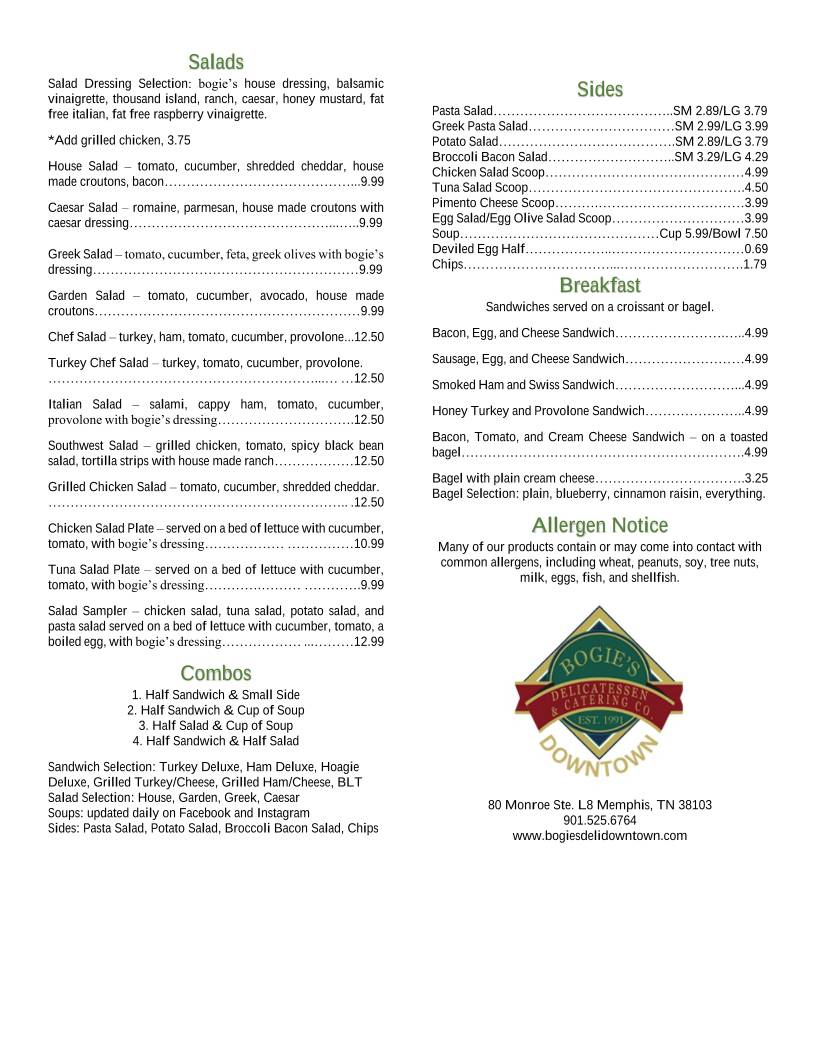 Menu at Bogie’s Deli - Downtown restaurant, Memphis, 80 Monroe Ave