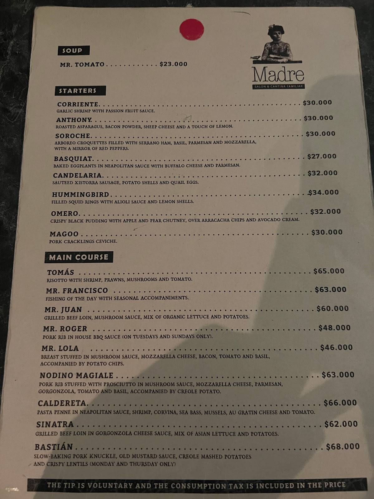 Carta de Restaurante Madre, Bogotá