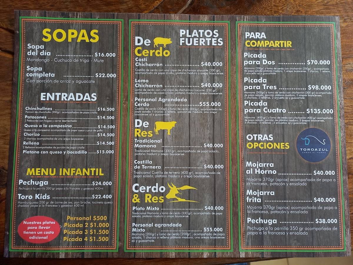 Carta del restaurante Toro Azul, Bogotá, Cra. 24 #70a-63