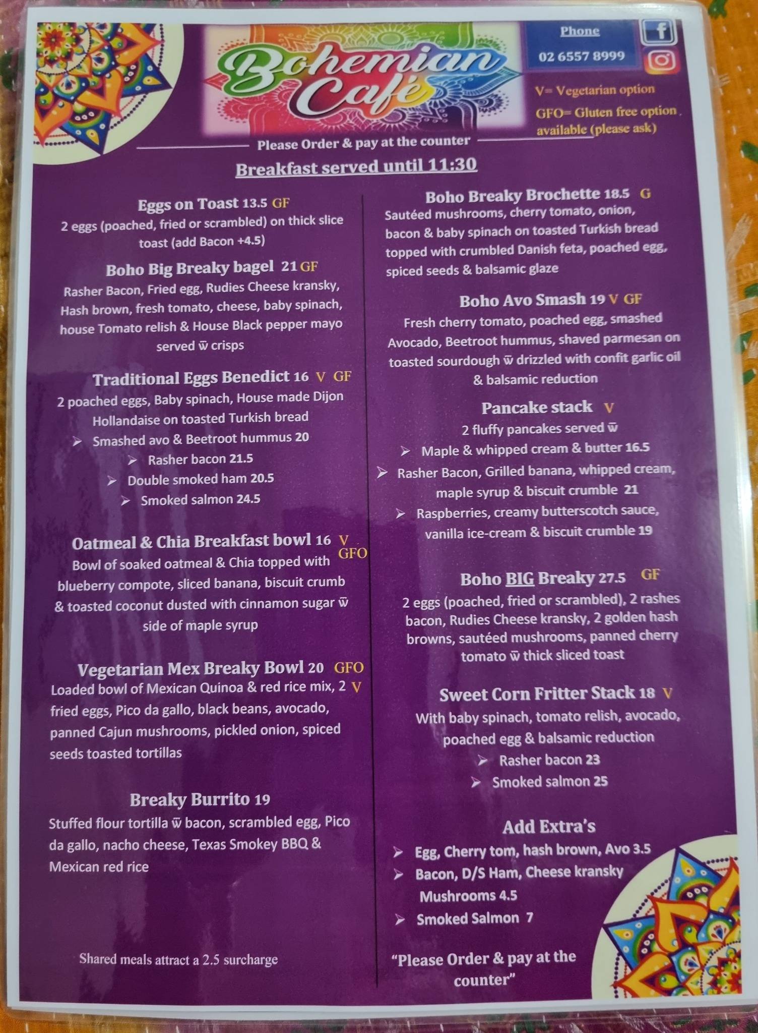 Menu at Bohemian Cafe, Taree