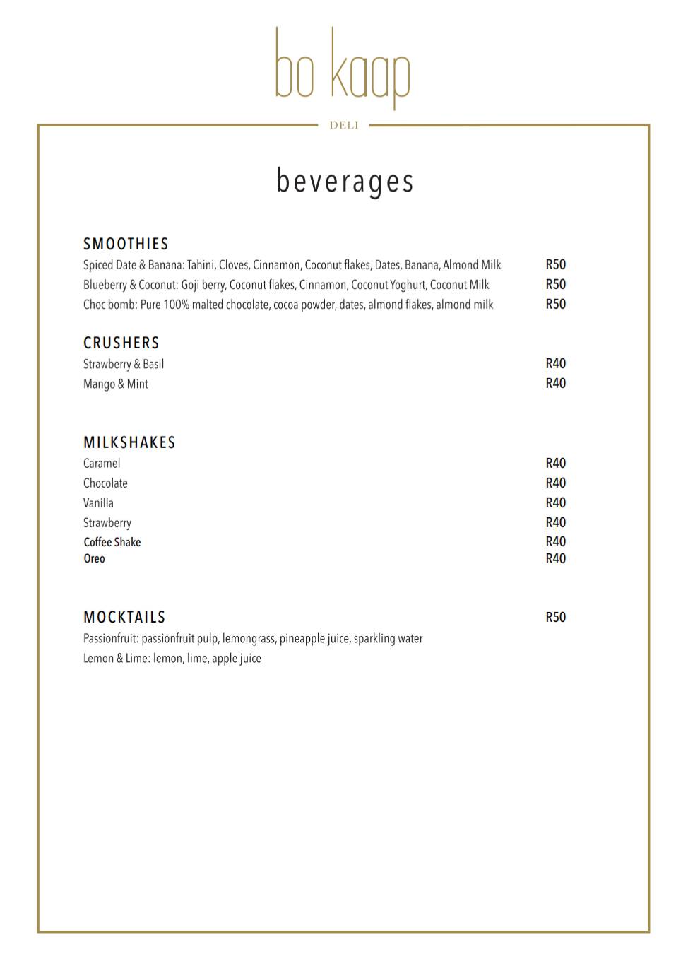 Menu at Bokaap Deli restaurant, Cape Town