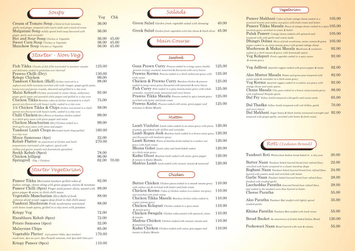 Menu at Bombay Blu + restaurant, Durban