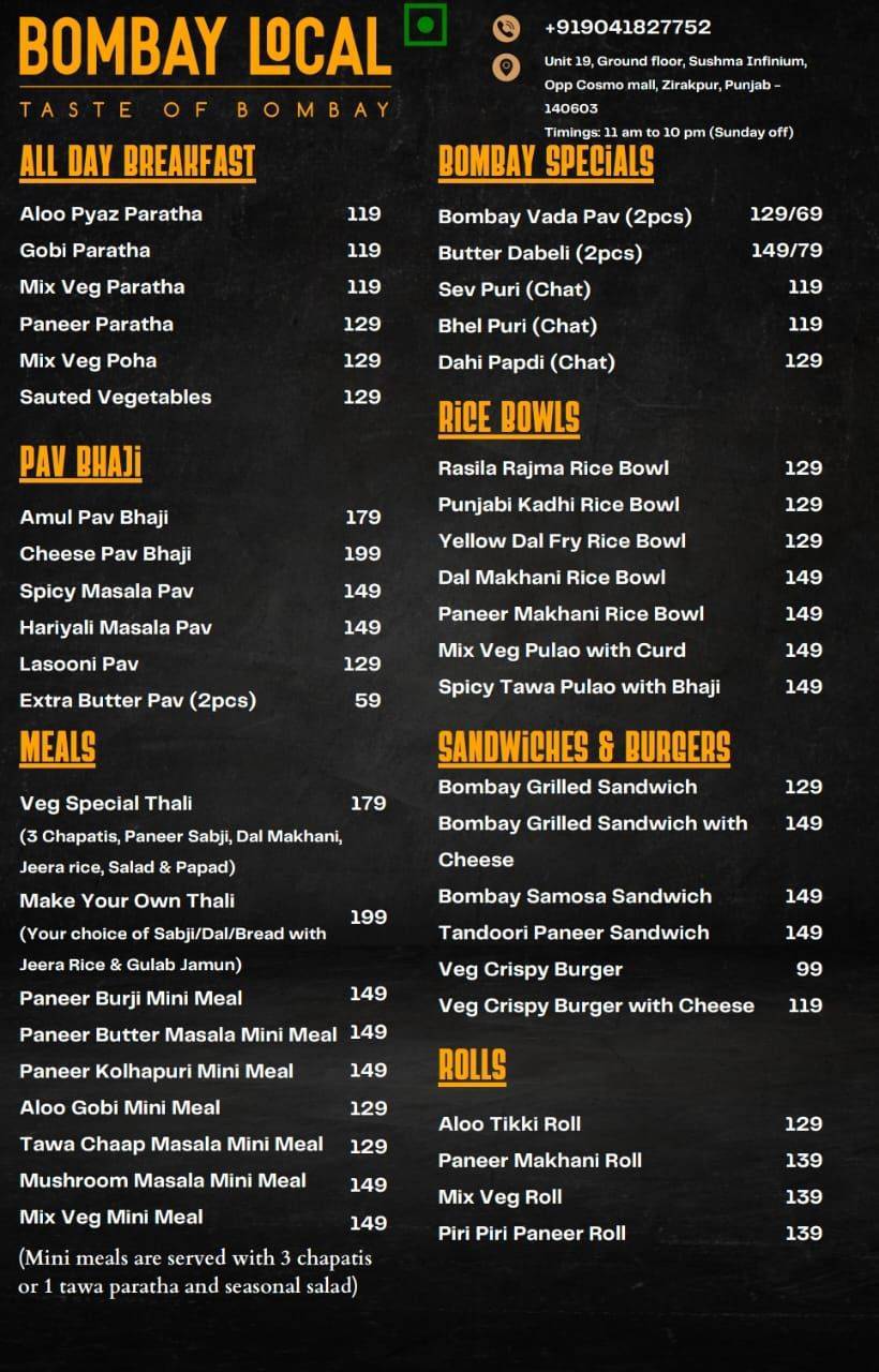 Menu at Bombay Local, Zirakpur