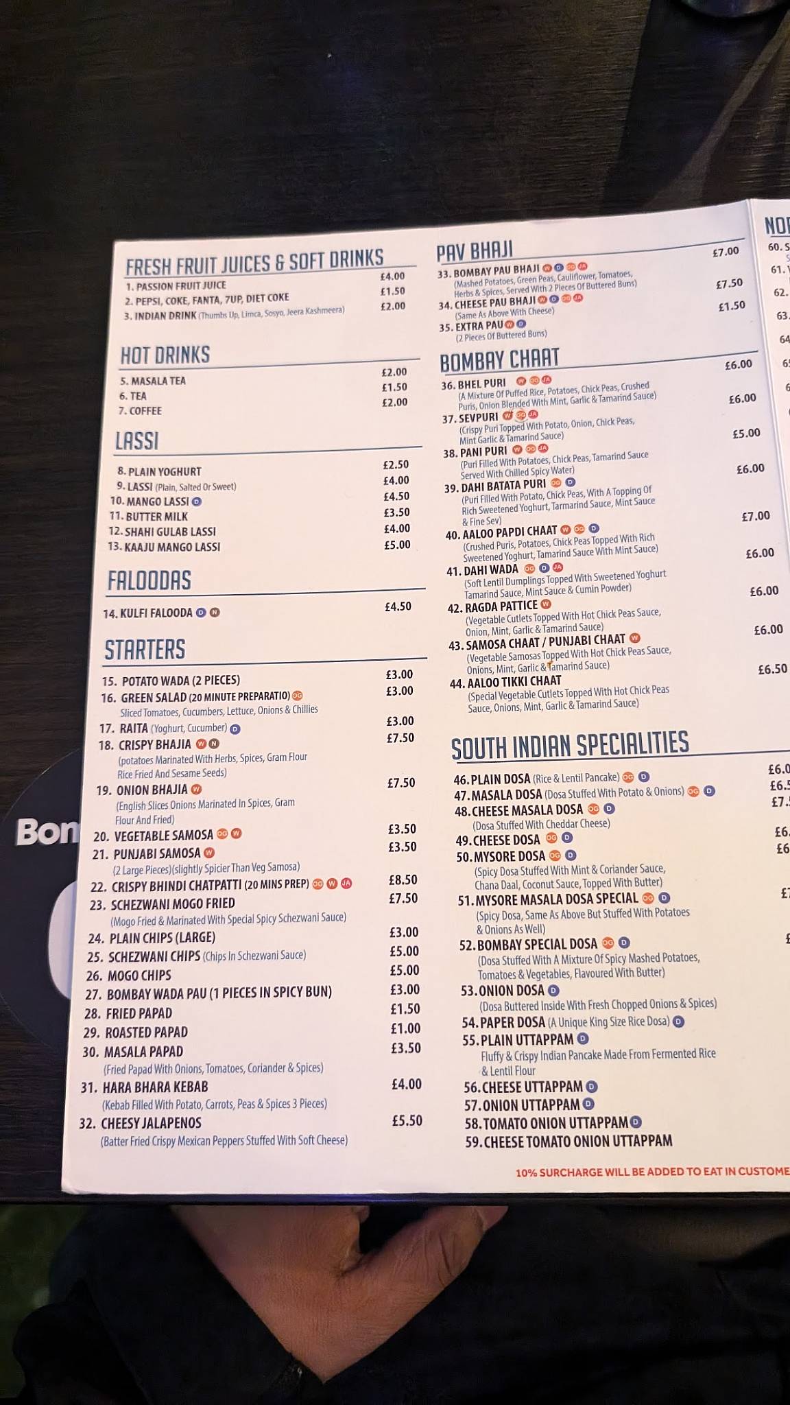 Carta de Bombay Spice Restaurant & Bar, Londres
