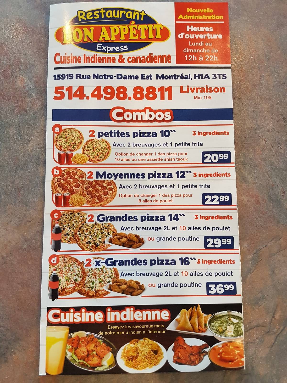 Carta del restaurante Bon Appetit, Montréal, Notre-Dame St. East