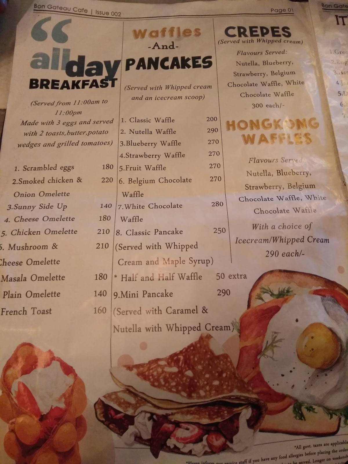 Menu at Bon Gateau, Amritsar