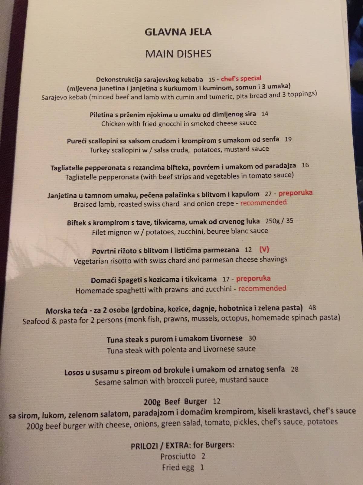 Menu at Bon appetit restaurant, Sarajevo