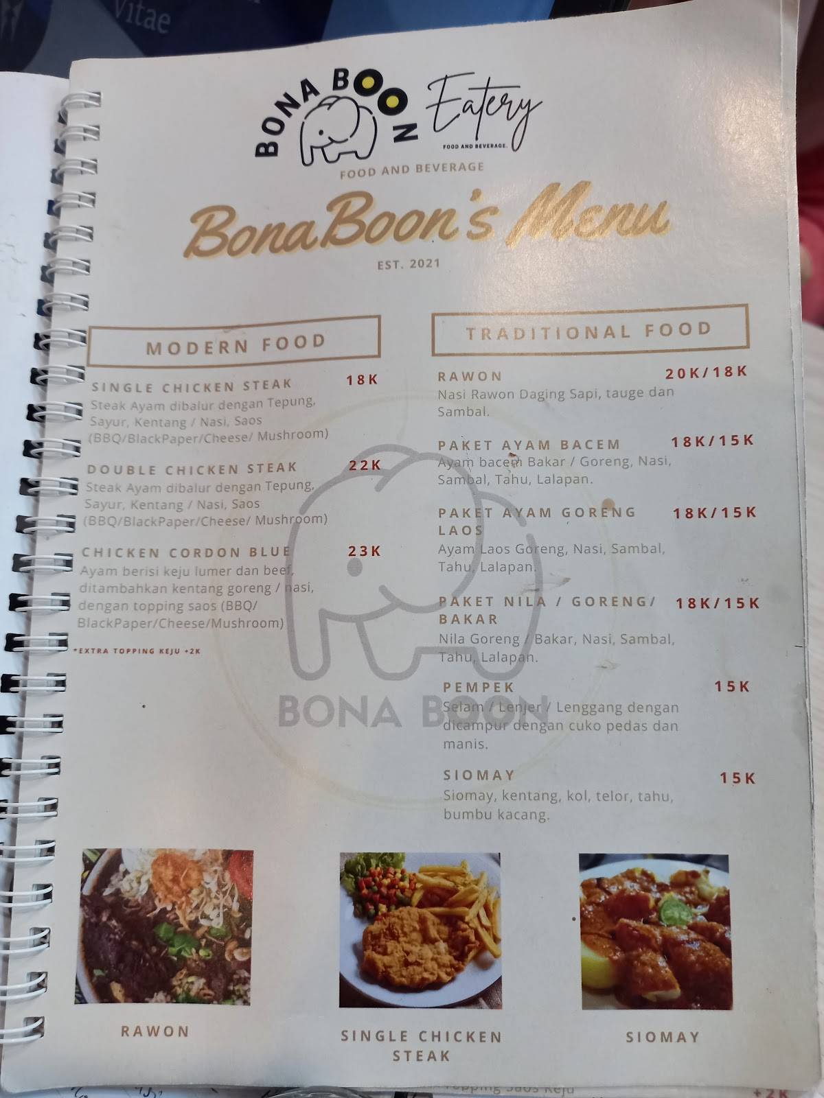 Menu at Bona Boon restaurant, Kebumen