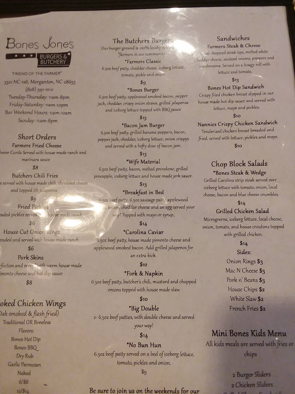 Menu at Bones Jones Burgers and Butchery steakhouse, Morganton