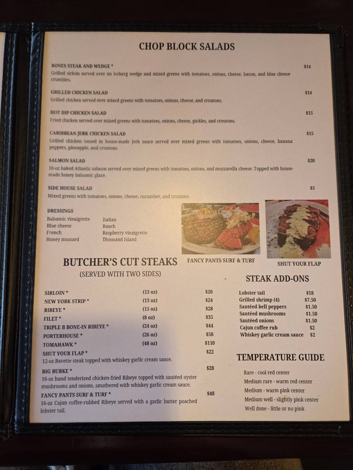 Menu at Bones Jones Burgers and Butchery steakhouse, Morganton