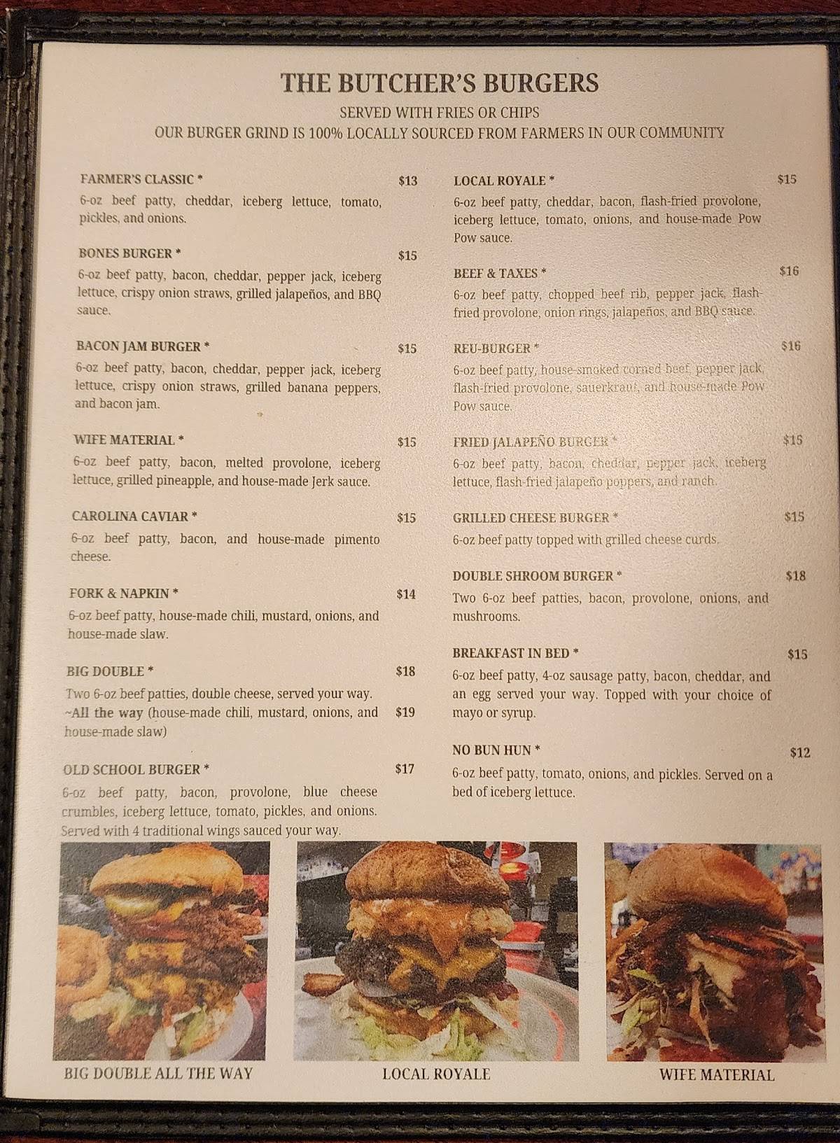 Menu at Bones Jones Burgers and Butchery steakhouse, Morganton