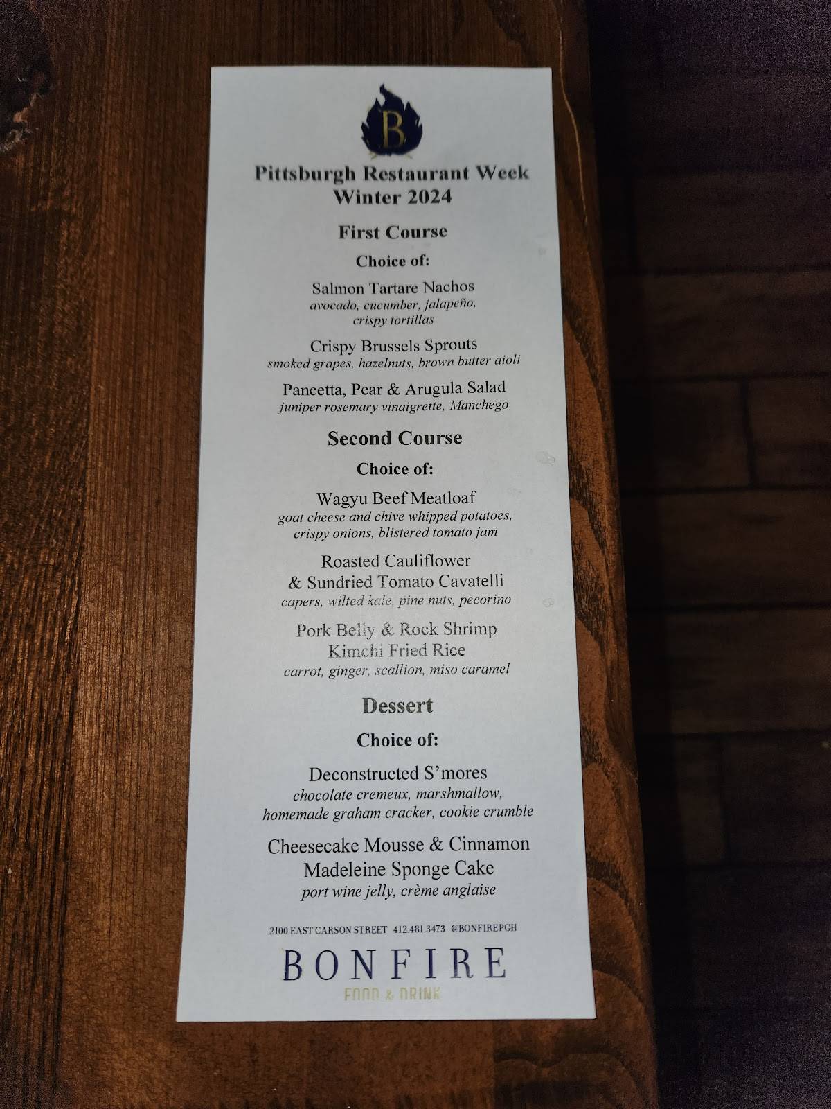 Menu at Bonfire Food and Drink pub & bar, Pittsburgh