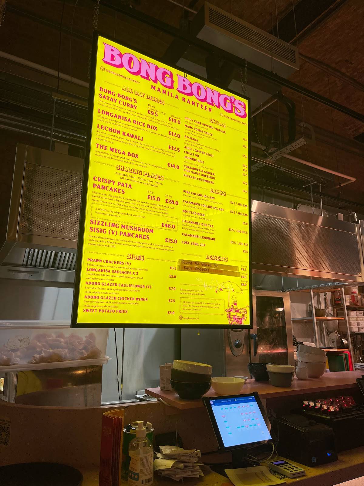 Menu at Bongbong's Manila Kanteen restaurant, London