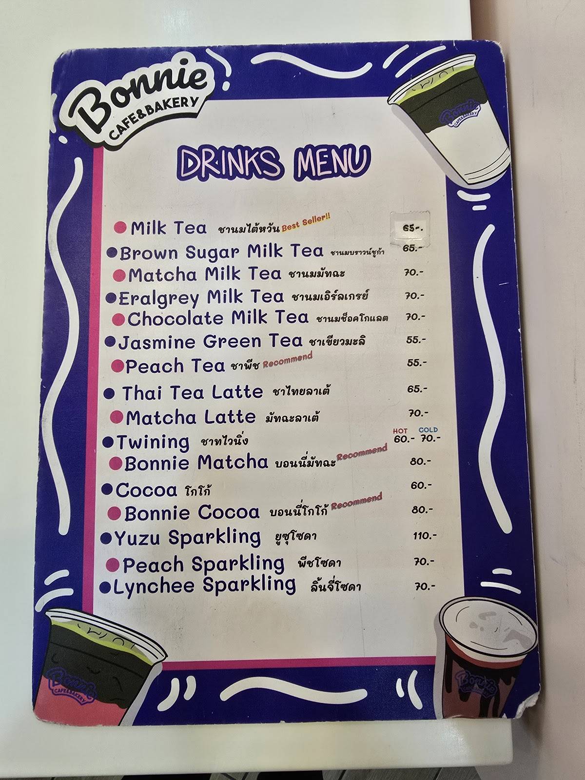 Menu at Bonnie Cafe & Bakery, Bangkok