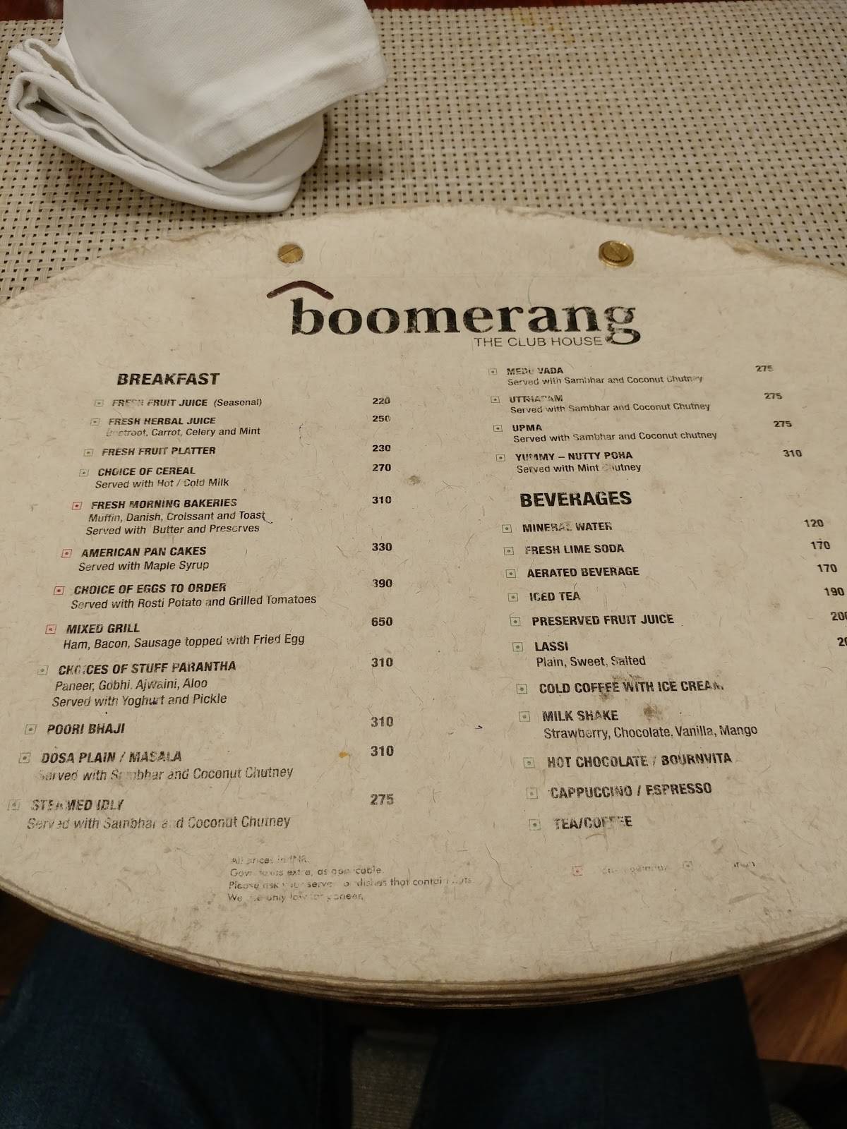 Menu at Boomarang, Greater Noida