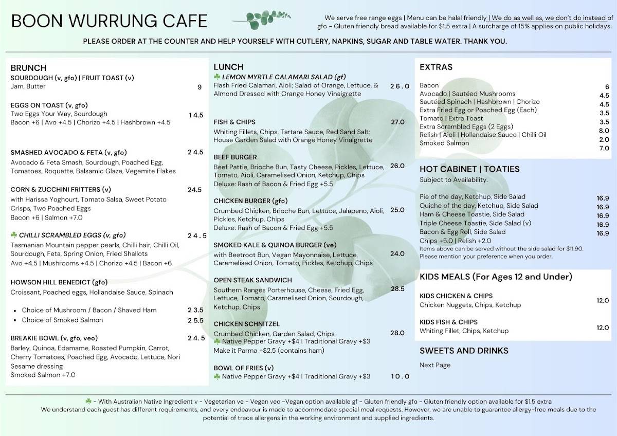 Menu at Boon Wurrung Cafe, Cranbourne