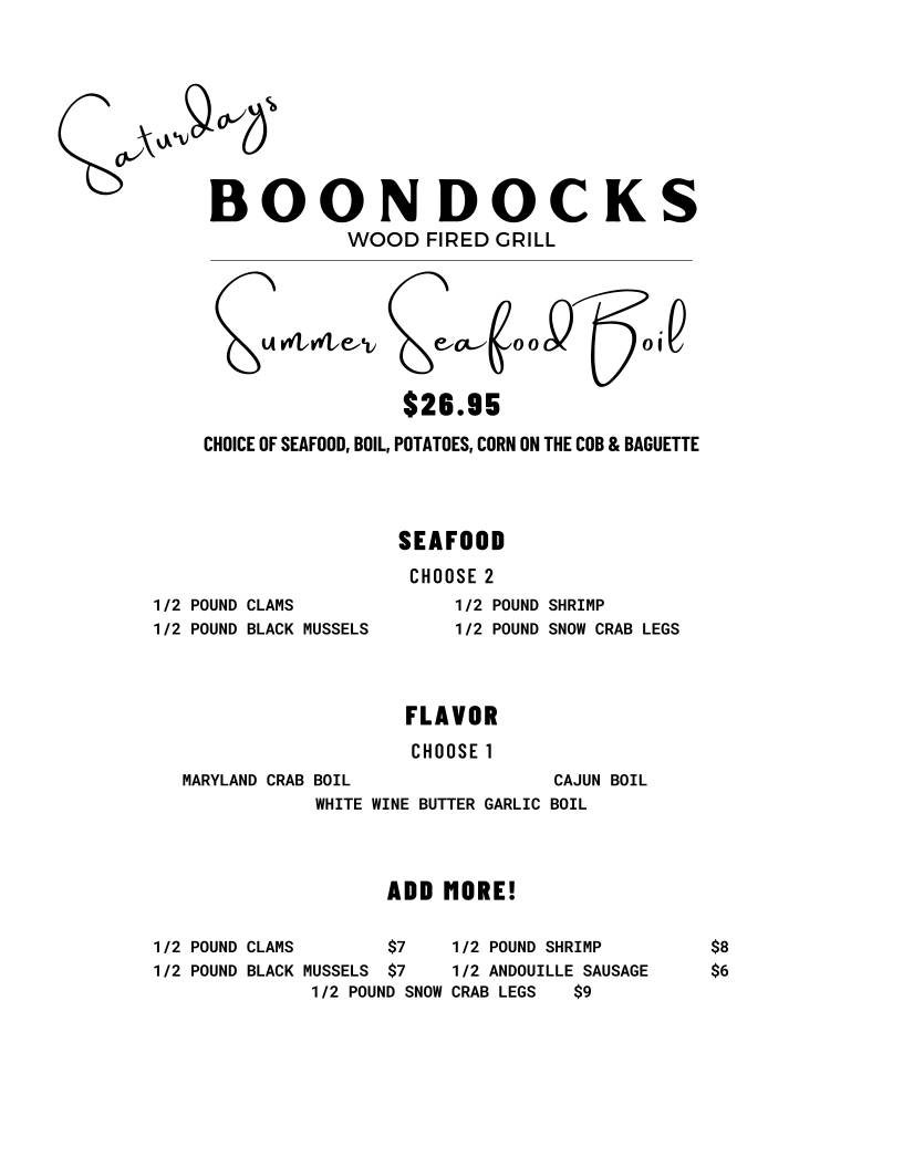Menu at Boondocks Wood Fired Grill restaurant, Sunbury