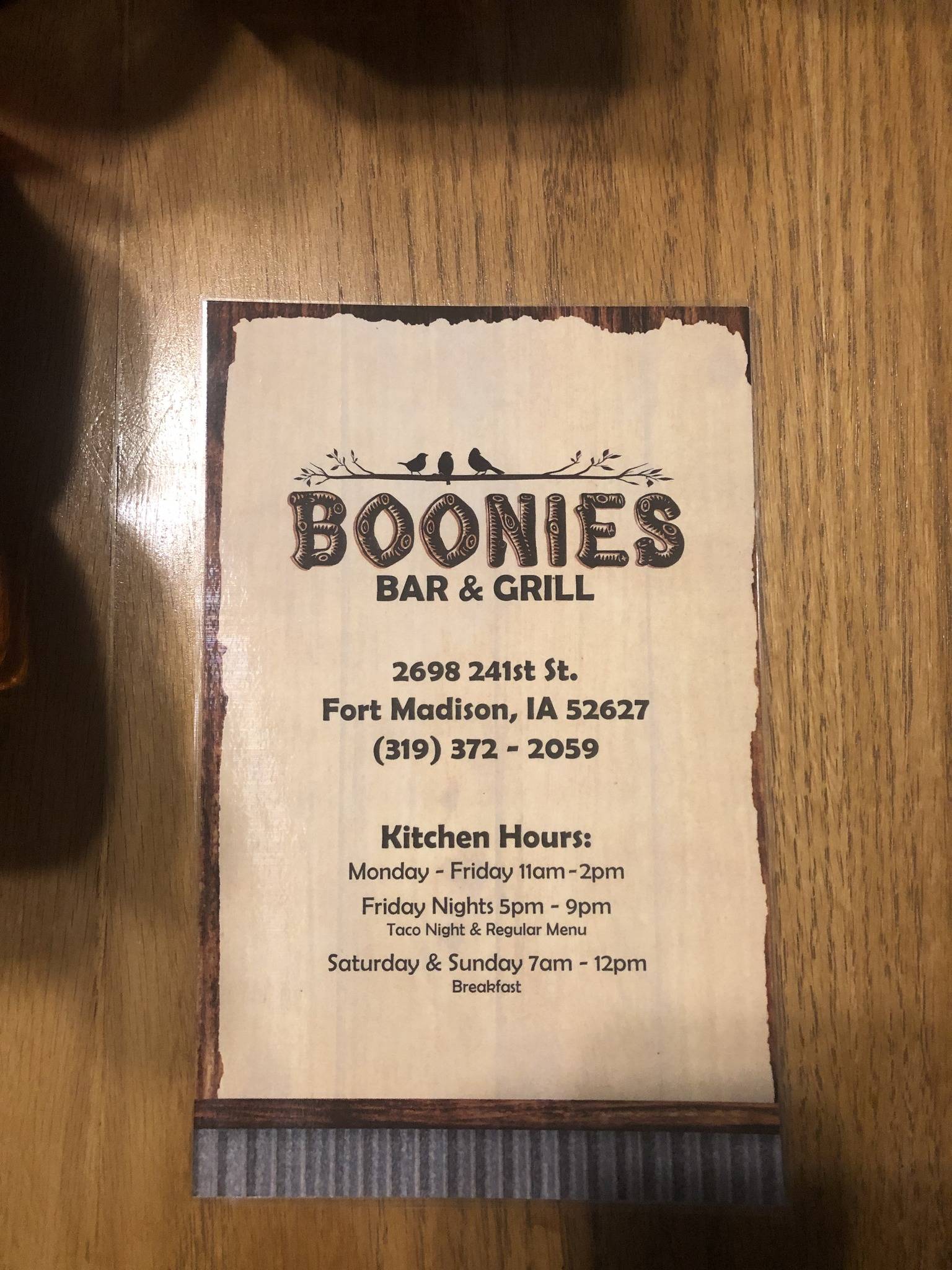 Menu at Boonies Bar And Grill, Fort Madison