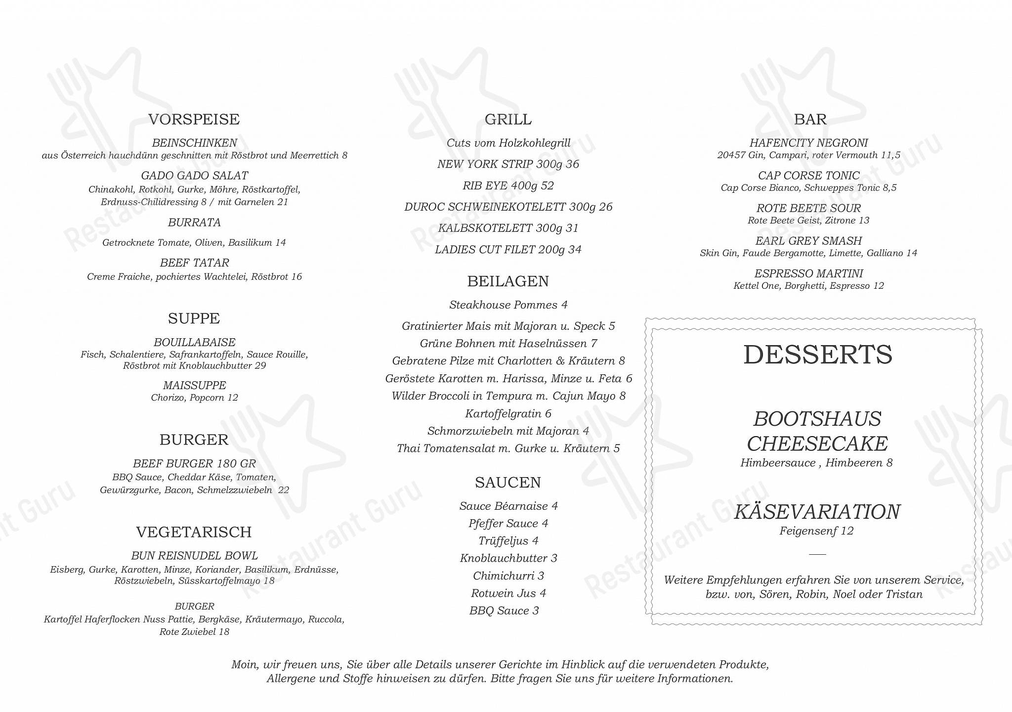 Menu at Bootshaus Grill & Bar - Hafencity, Hamburg, Am Kaiserkai 19